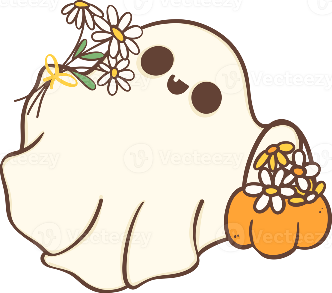 Cute Halloween ghost with flower outline, Kawaii retro spooky boo ...