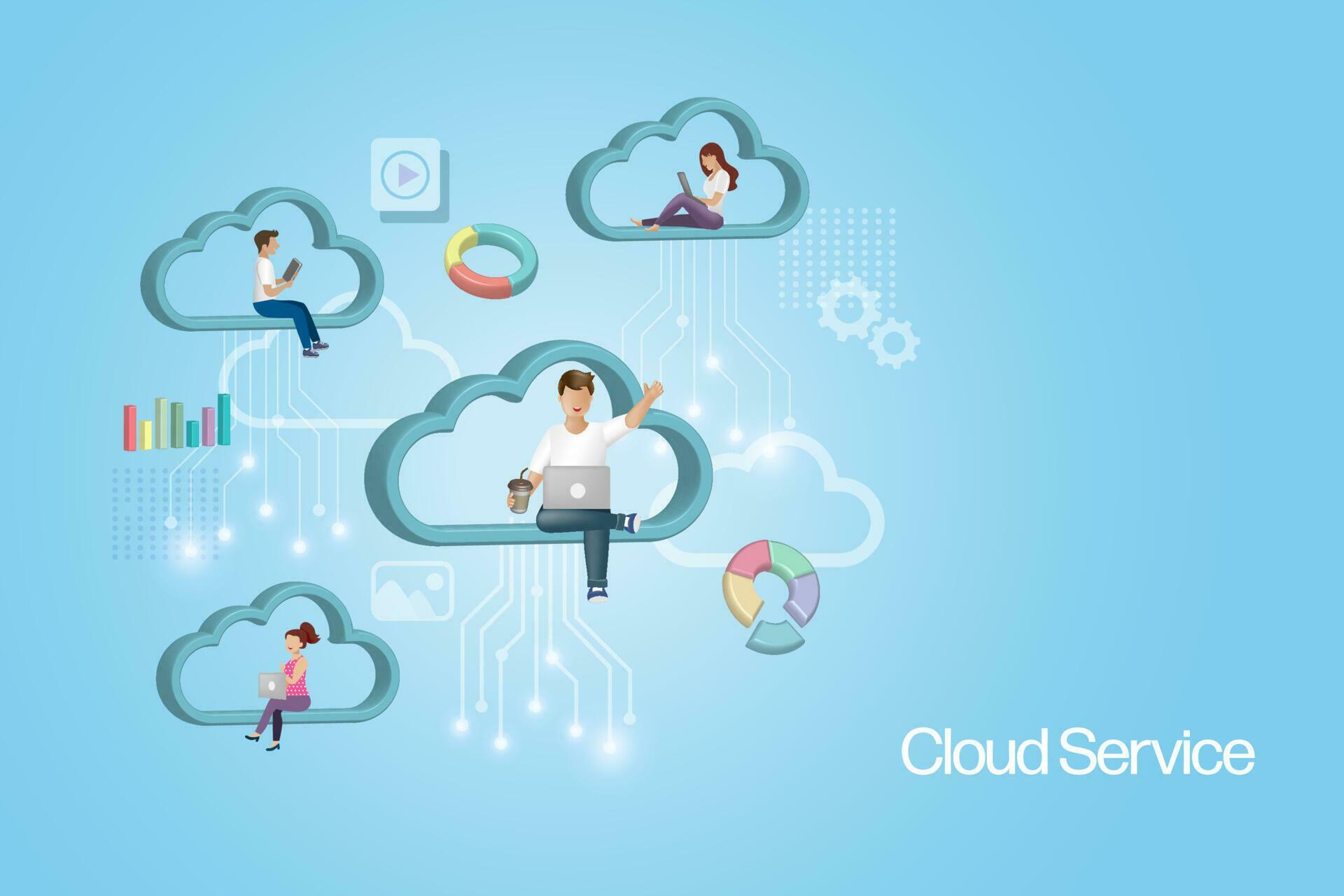 People working on cloud computing, digital data storage network service ...