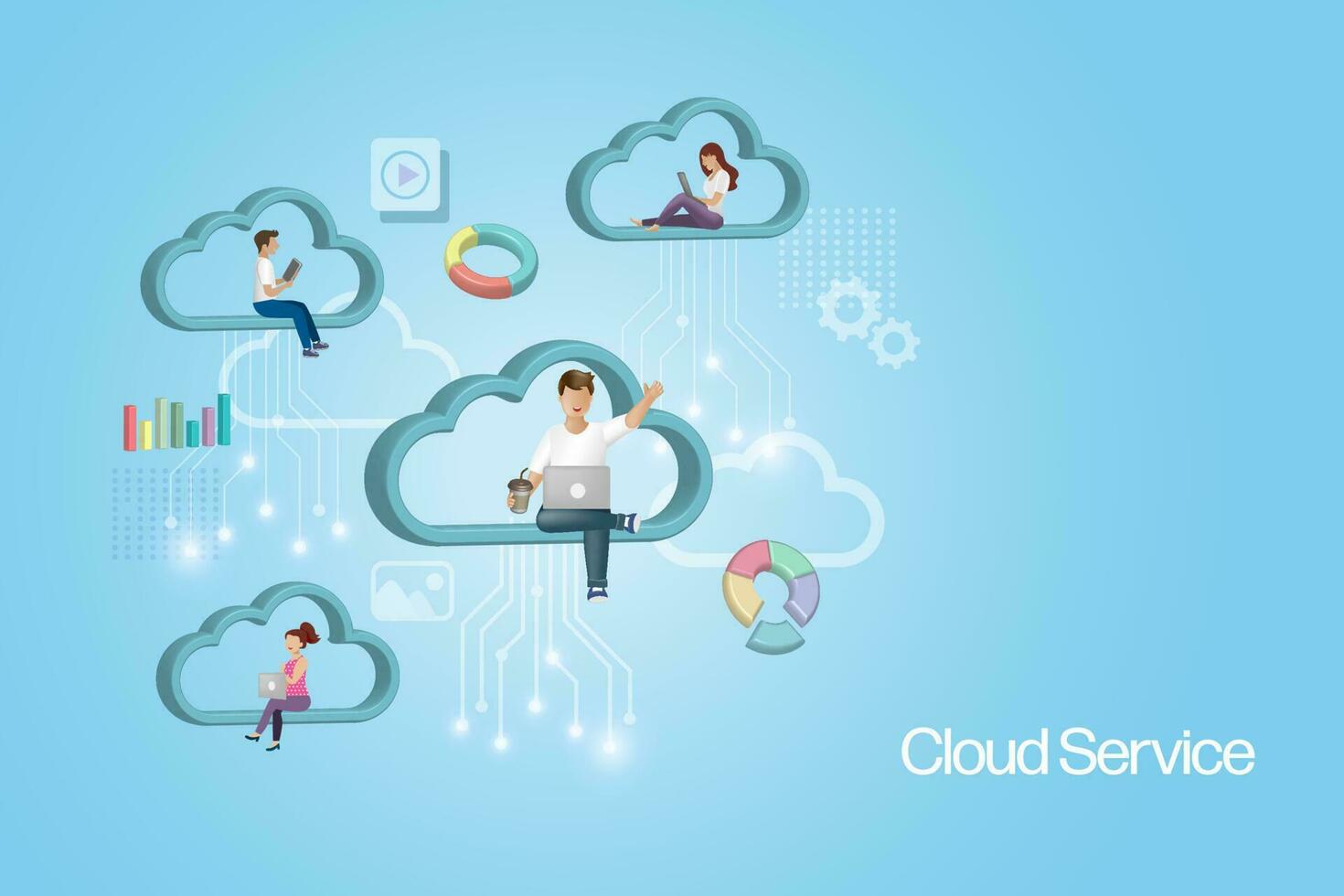 People working on cloud computing, digital data storage network service. Download, upload and ...