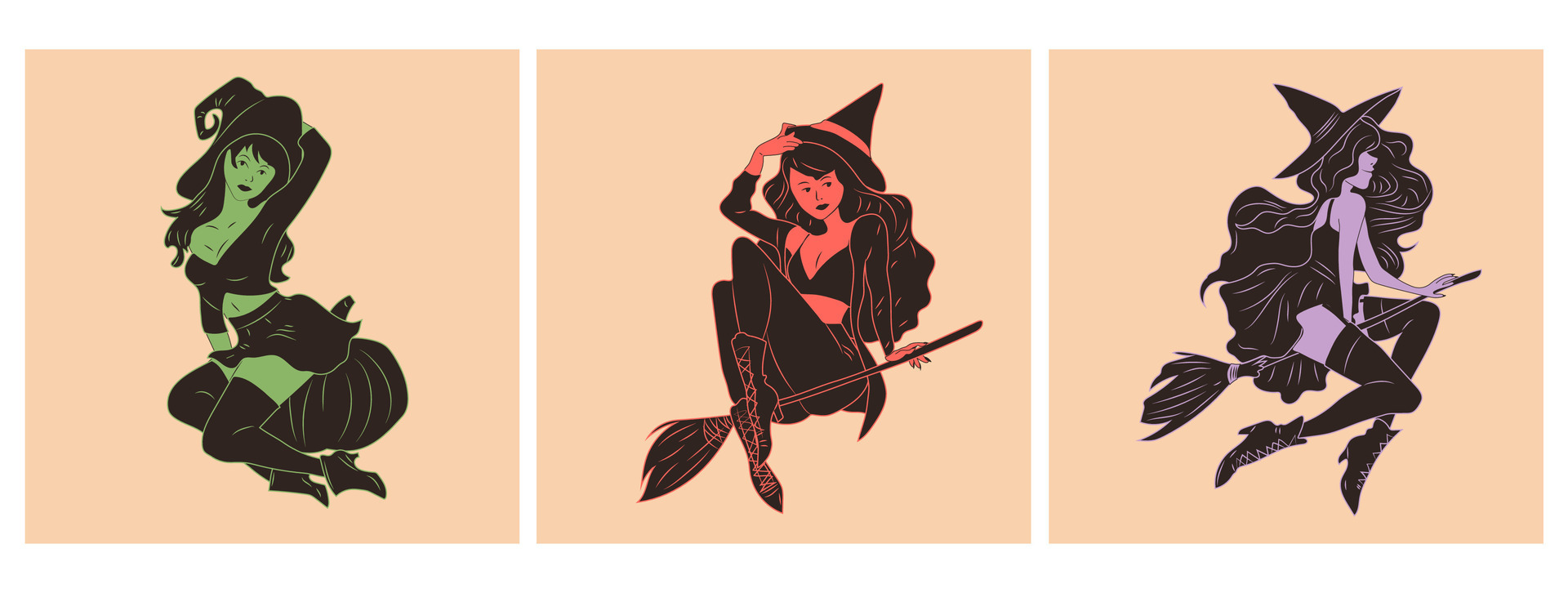 Set of three Witch. Cute ladies. Pin-up, retro style. Halloween costume concept. Hand drawn ...