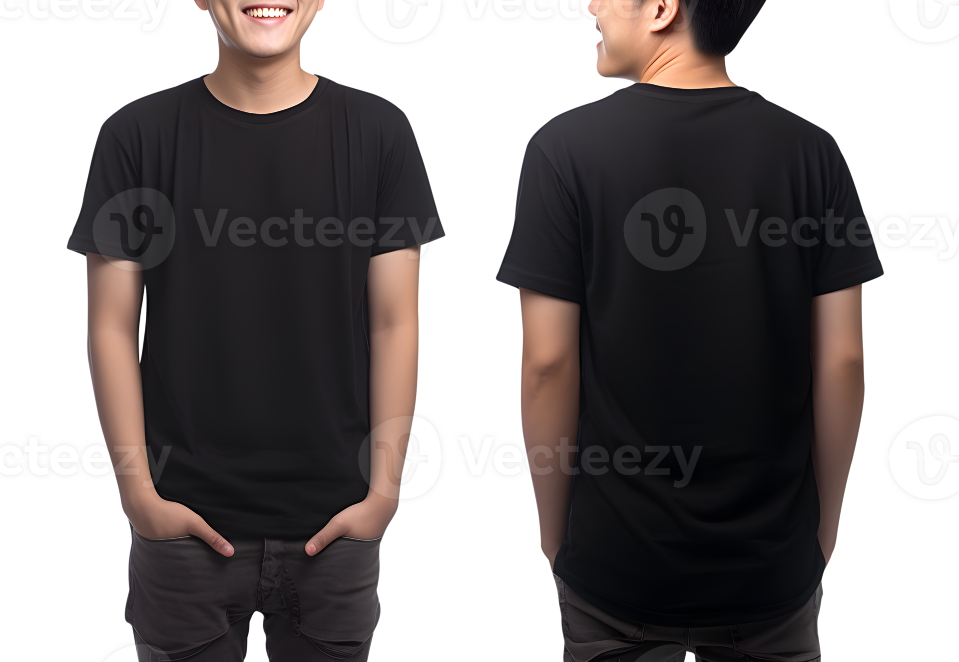 Young man in black T shirt mockup front and back view, Cutout, AI ...