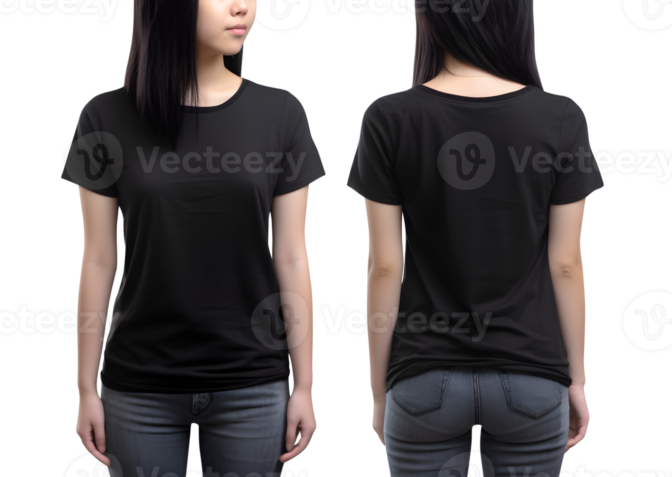 Young Woman In Black T Shirt Mockup Front And Back View Cutout Ai