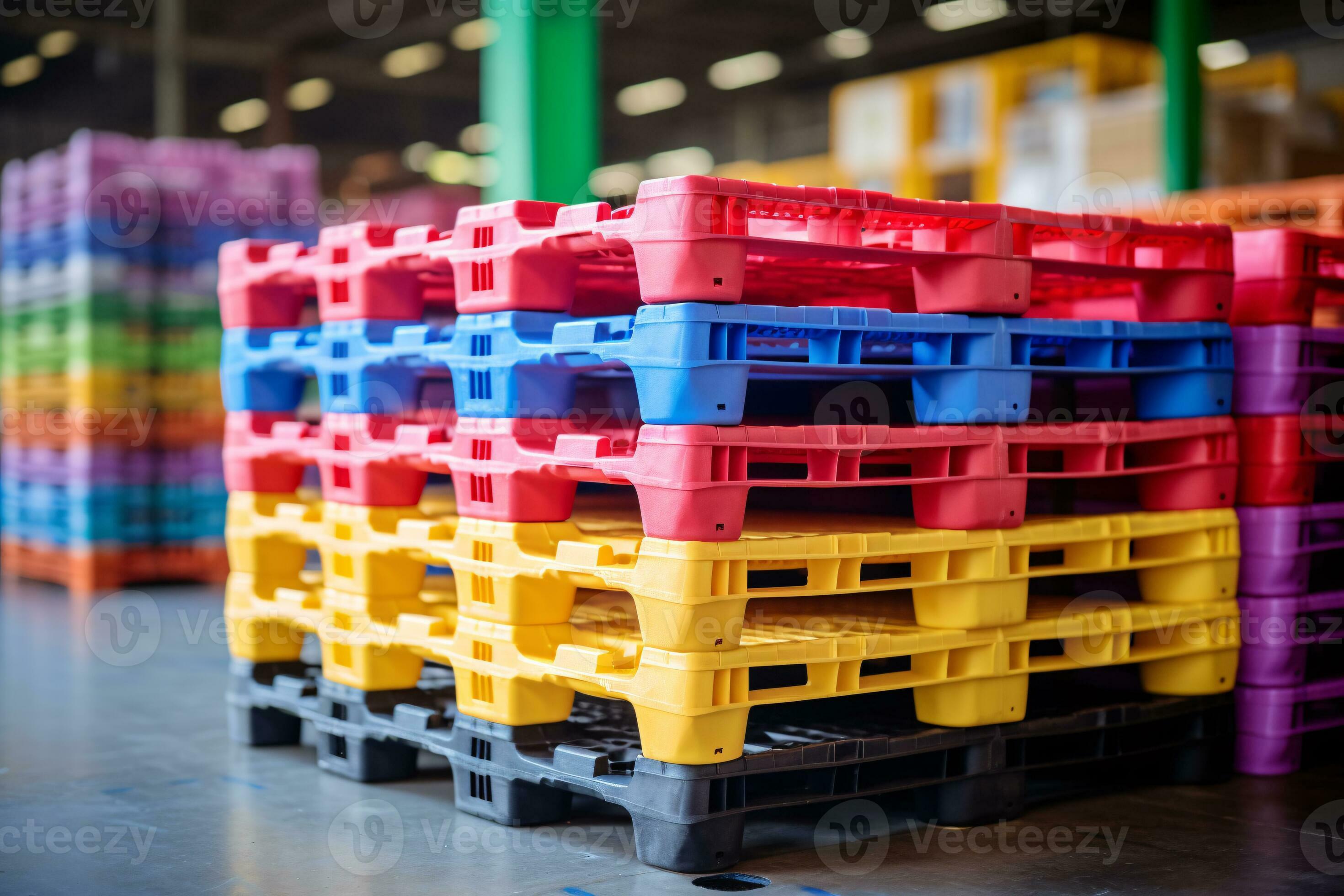 Pile of plastic shipping pallet. Industrial plastic pallet stacked at factory warehouse. Plastic ...