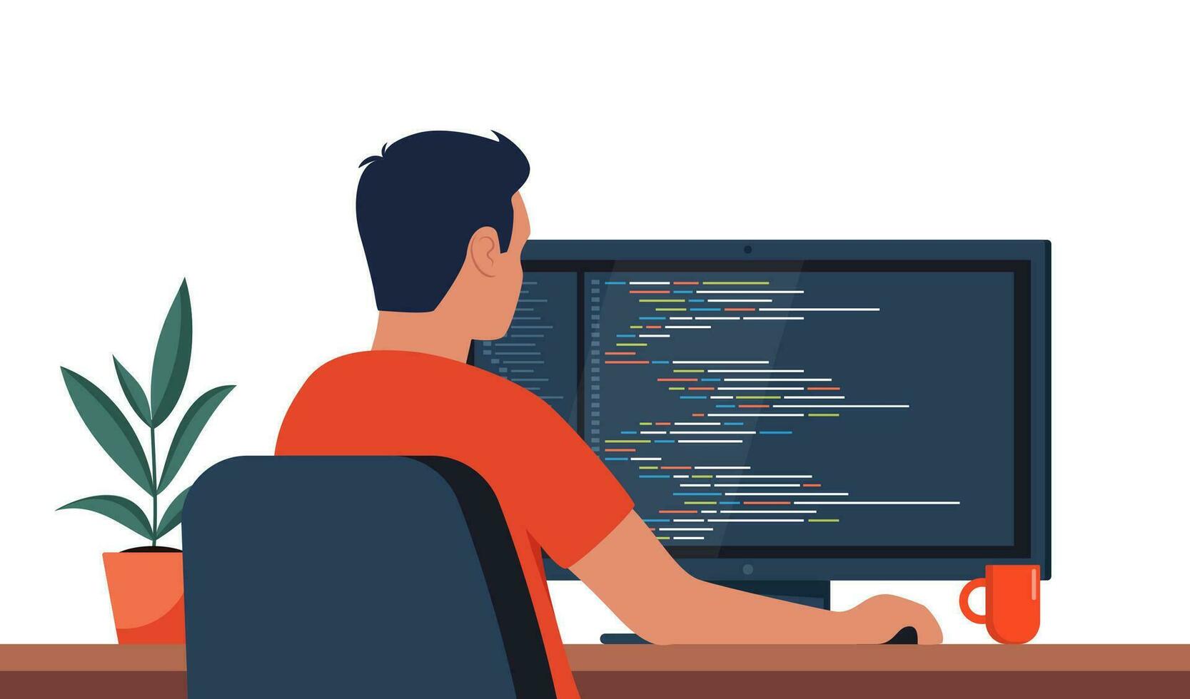 Young Man Writing Code On A Desktop Computer Software Developer At Work Programming Coding