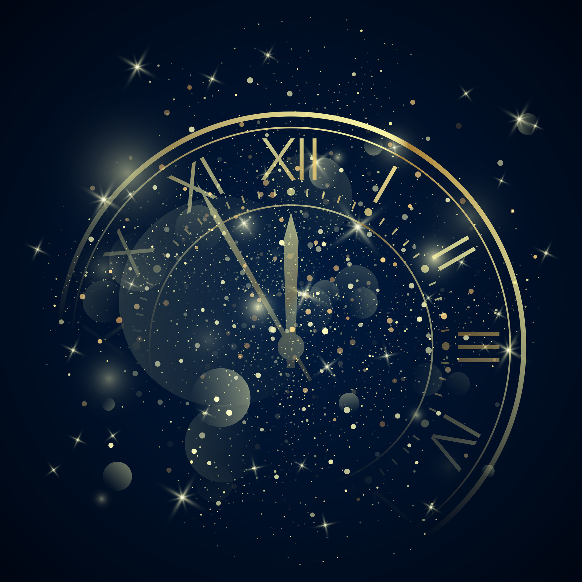 Golden Clock Dial with Roman Numbers on Magic Christmas Glitter ...