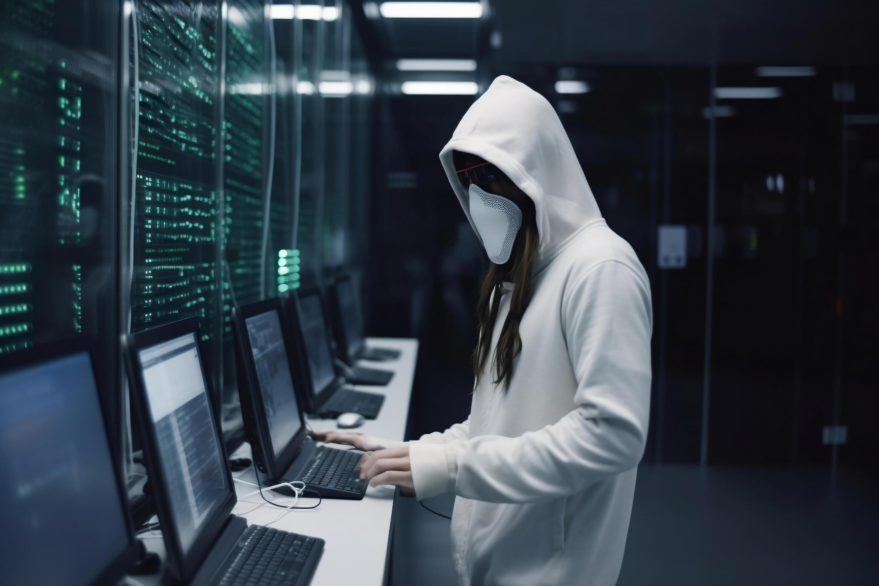 Anonymous hacker with hood and mask steals data inside data center 27530450 Stock Photo at Vecteezy