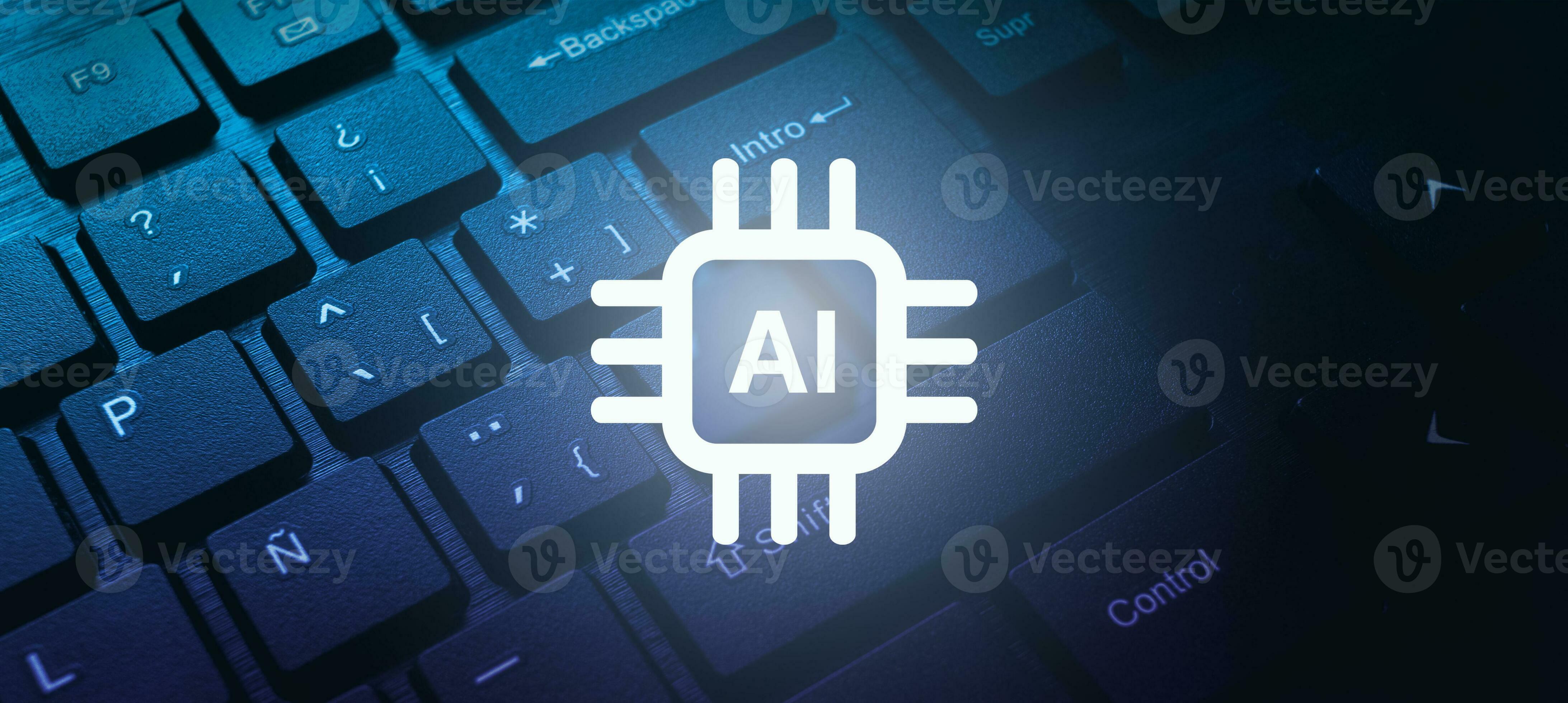 Banner photo of computer keyboard close up with AI chip virtual ...