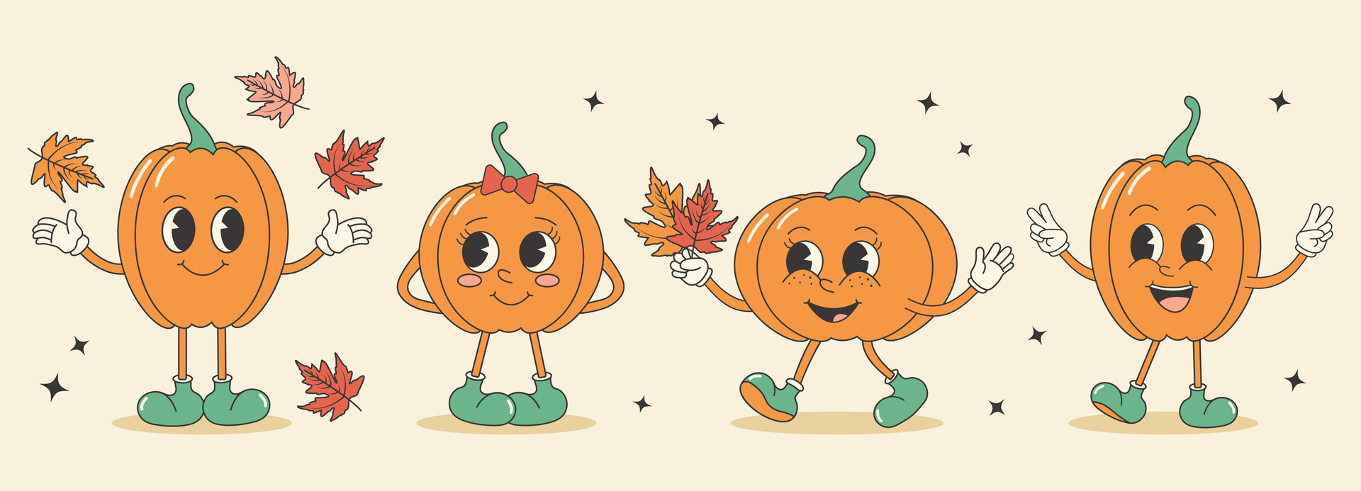 Groovy autumn fall set. Cute retro pumpkin stickers. 27538026 Vector ...