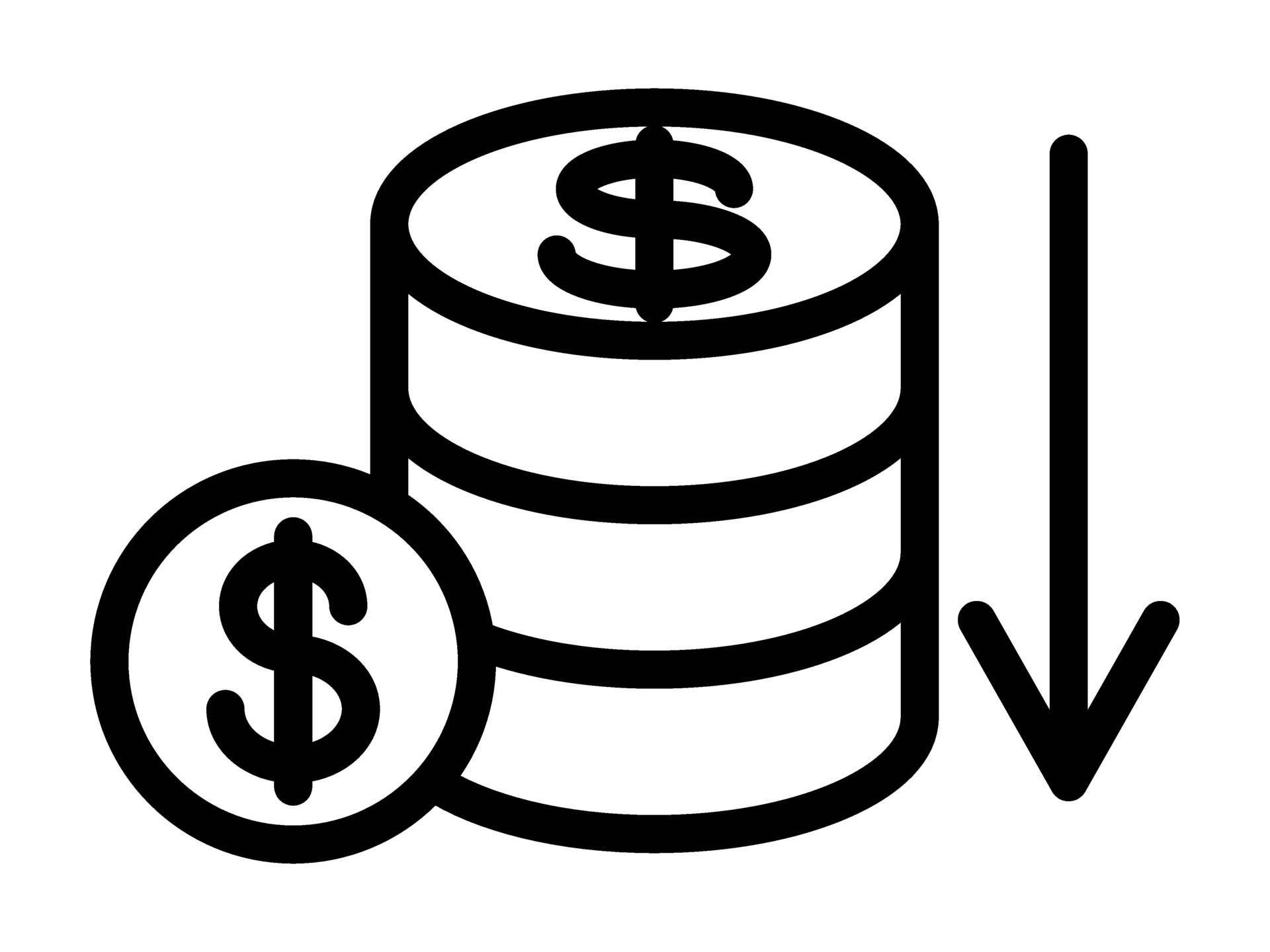 Vector currency decrease icon. Money down sign. Editable stroke. Line business icon of cost ...