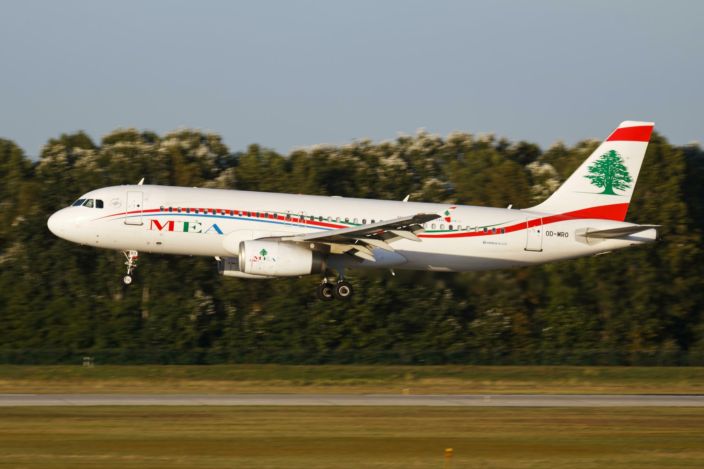 MEA Middle East Airlines Airbus A320 OD-MRO passenger plane arrival and landing at Budapest ...