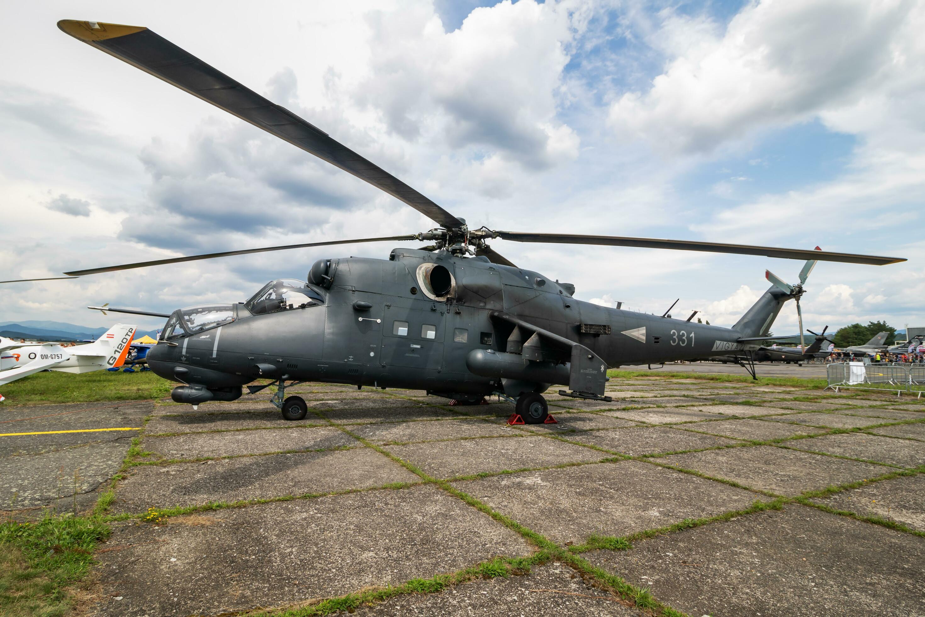 Hungarian Air Force Mil Mi-24 Hind 331 attack helicopter static display at SIAF Slovak ...