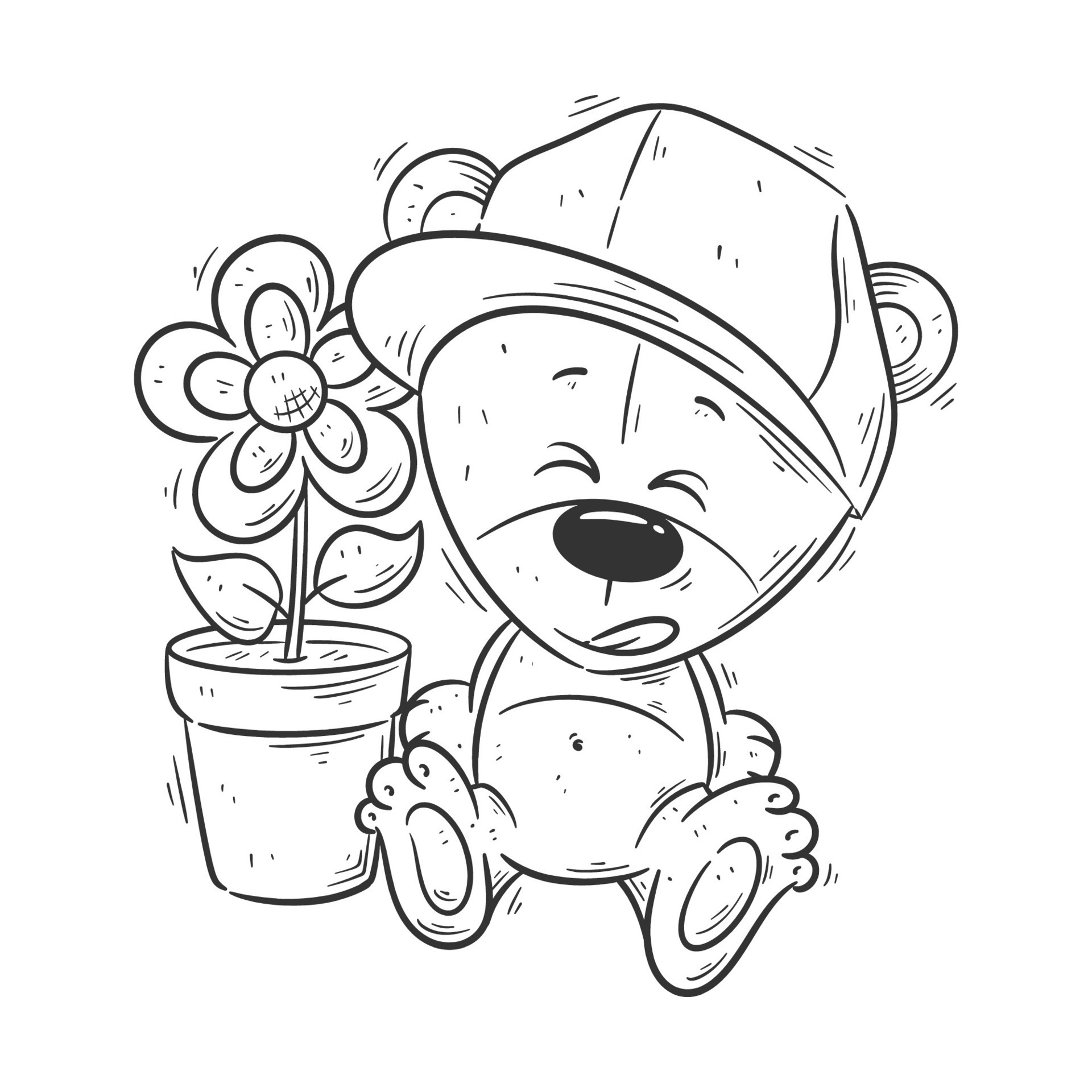 Cute bear wearing a hat sitting beside a flower pot for coloring ...
