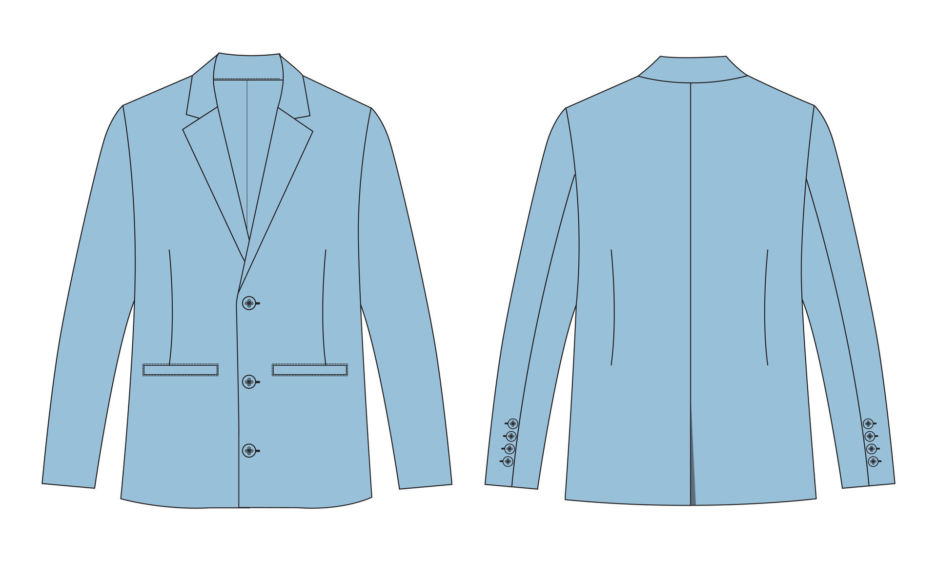 Long sleeve black color blazer suit technical drawing fashion flat sketch vector illustration ...