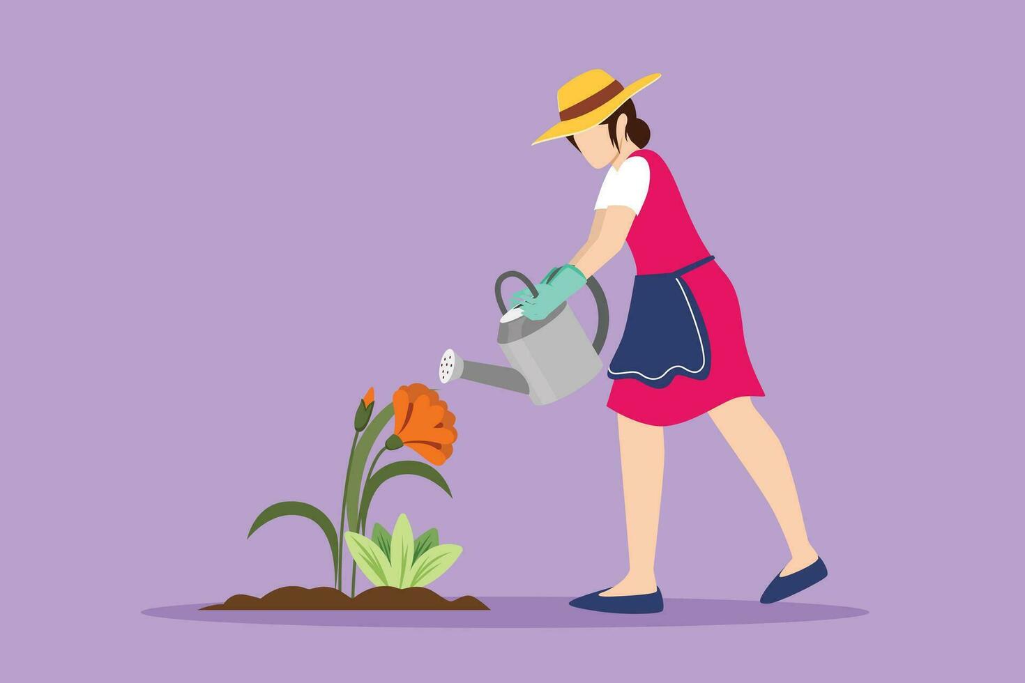 Graphic Flat Design Drawing Young Pretty Girl Volunteer Watering Plant