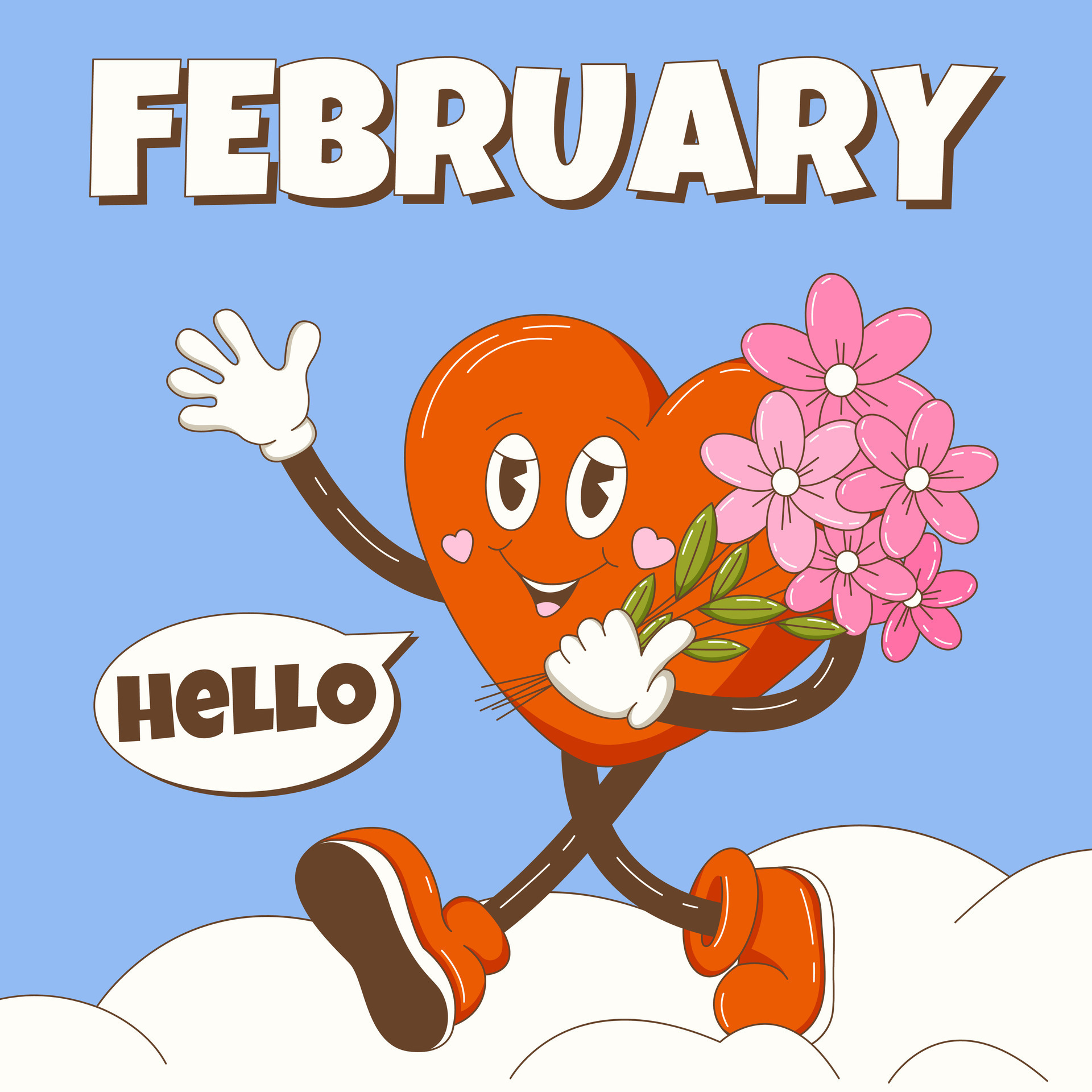 Hello February. Retro groovy heart character greets and carries flowers ... Hello February. Retro groovy heart character greets and carries flowers ...