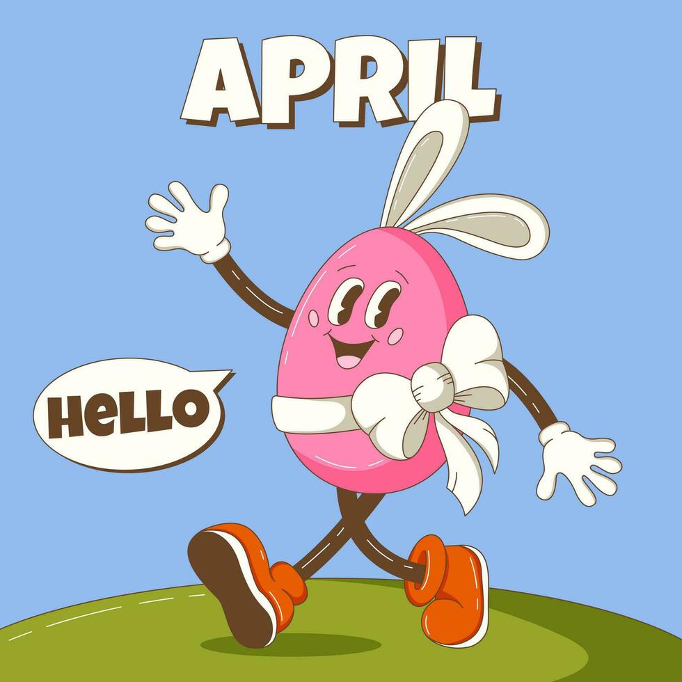 Hello April. Retro groovy easter egg character with bunny ears and bow ...