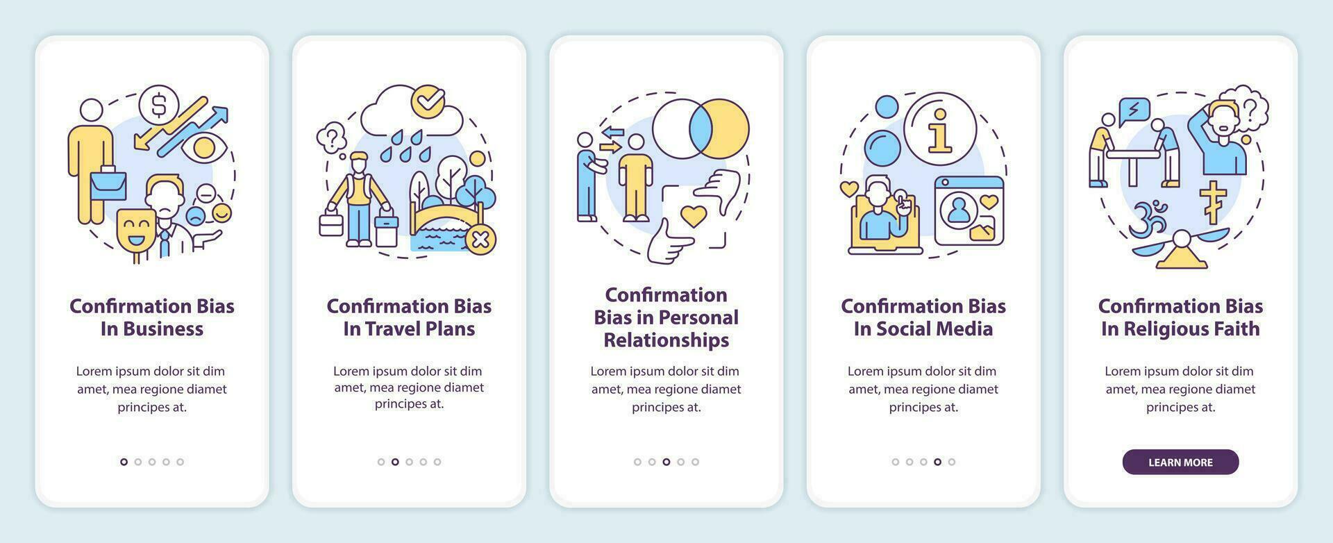 Examples Of Confirmation Bias Onboarding Mobile App Screen Walkthrough 5 Steps Editable Graphic