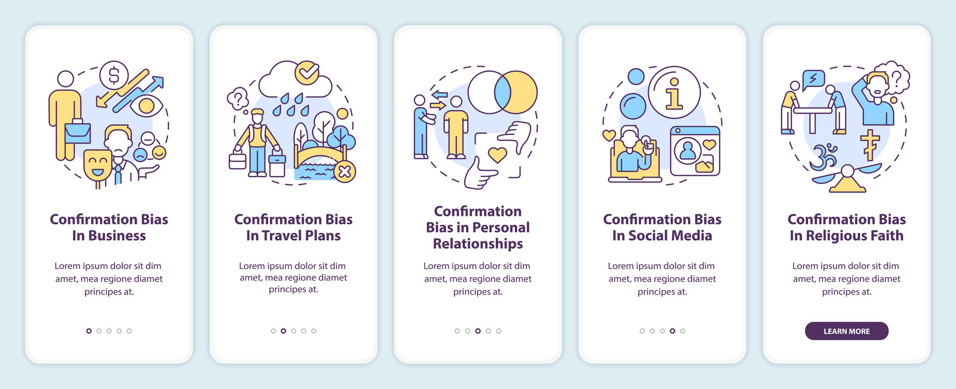 Examples Of Confirmation Bias Onboarding Mobile App Screen Walkthrough 5 Steps Editable Graphic