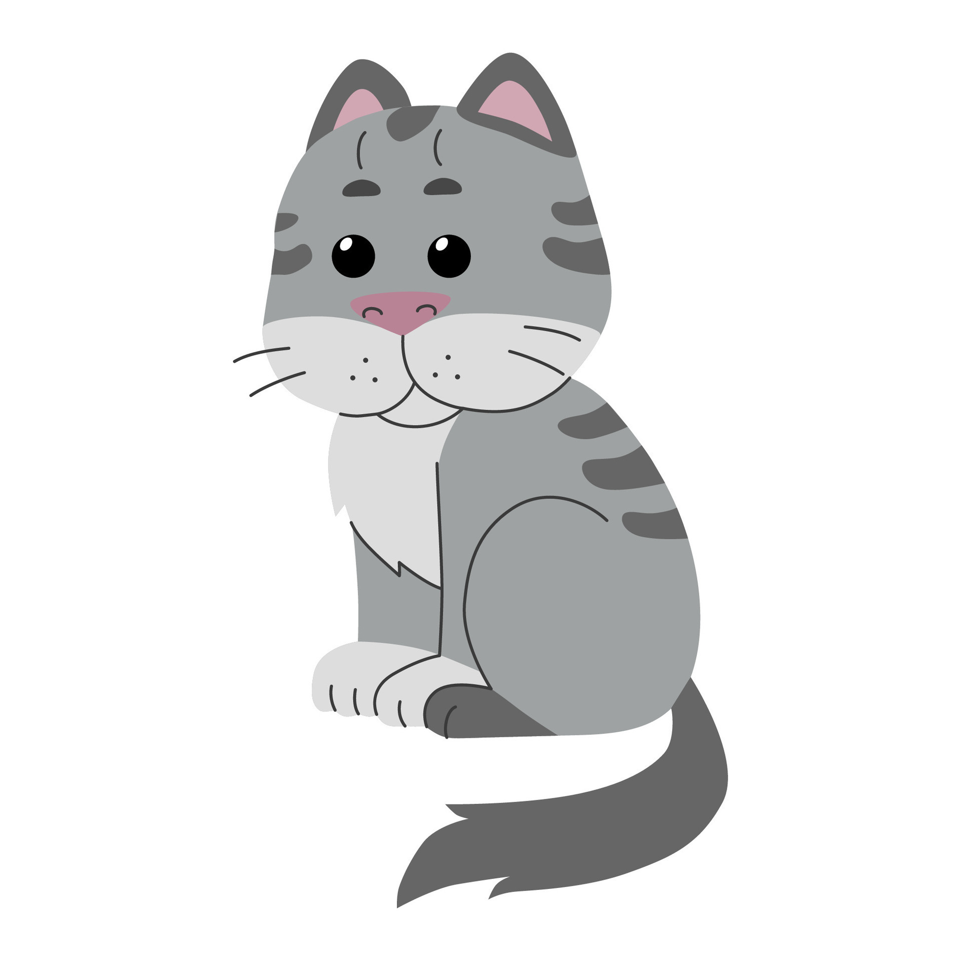 Cute Gray Cat Sitting Isolated On White Background Cartoon Flat Style