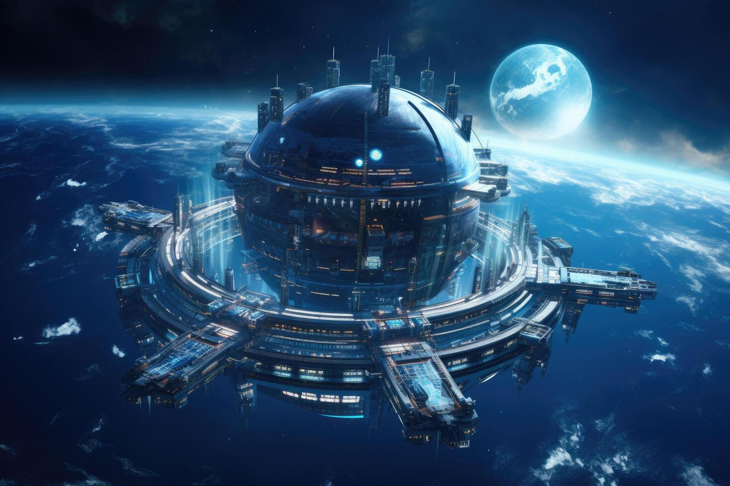 Futuristic space station in outer space. 3D rendering. A space station ...