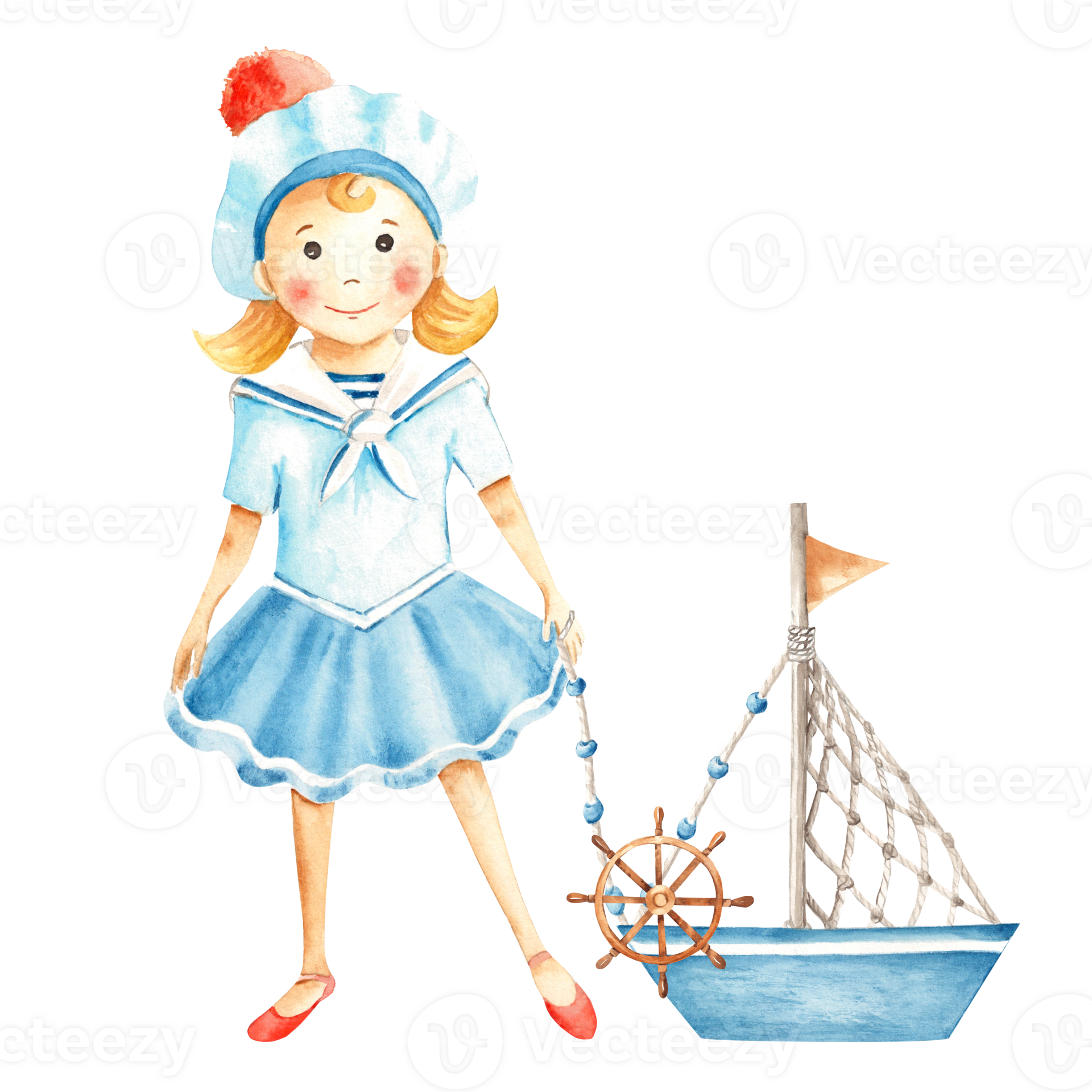 Cute little sailor girl in a marine dress with sea shell. Watercolour ...