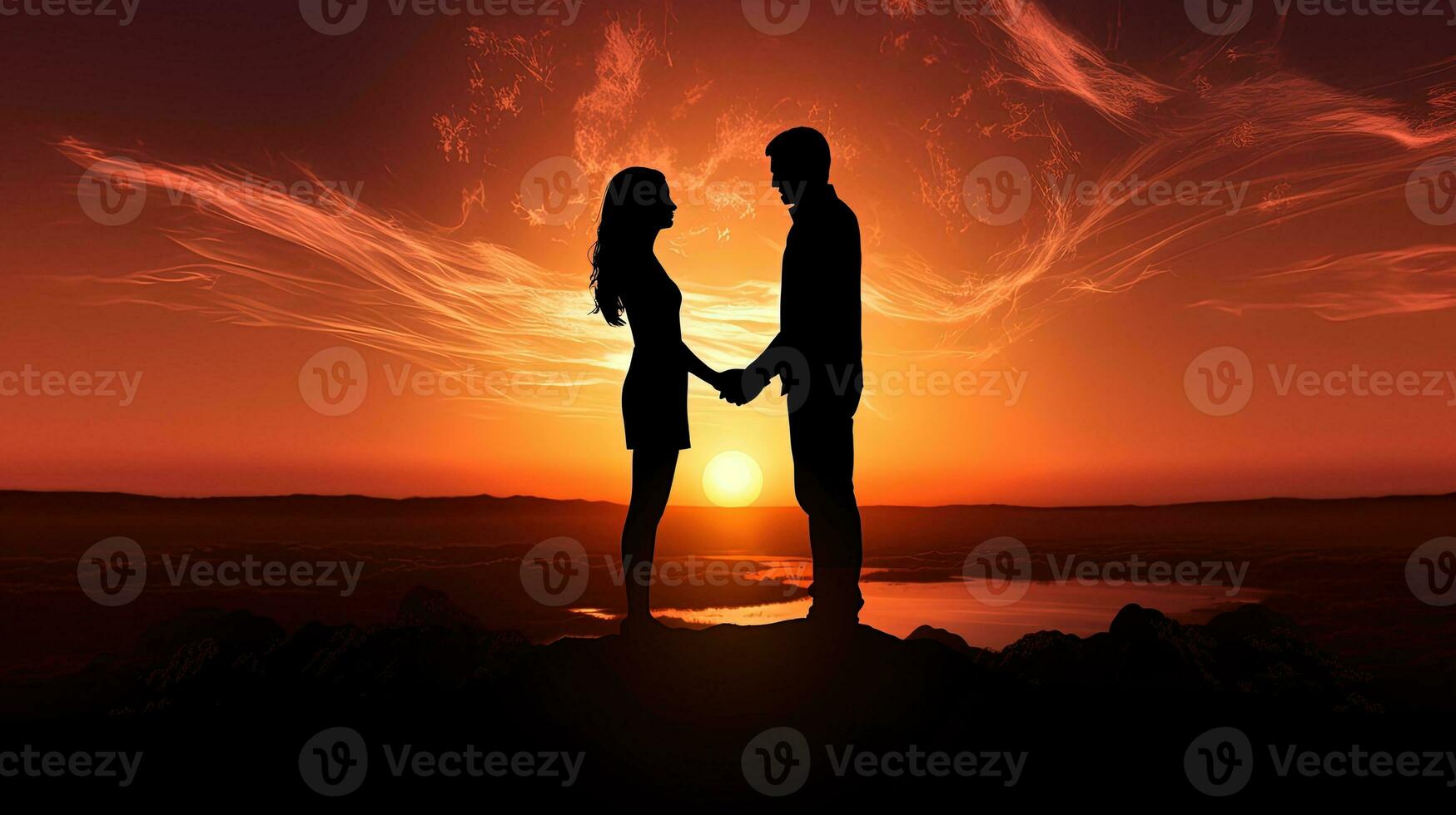 Couple Holding Hands Facing Each Other At Sunset Silhouette Concept