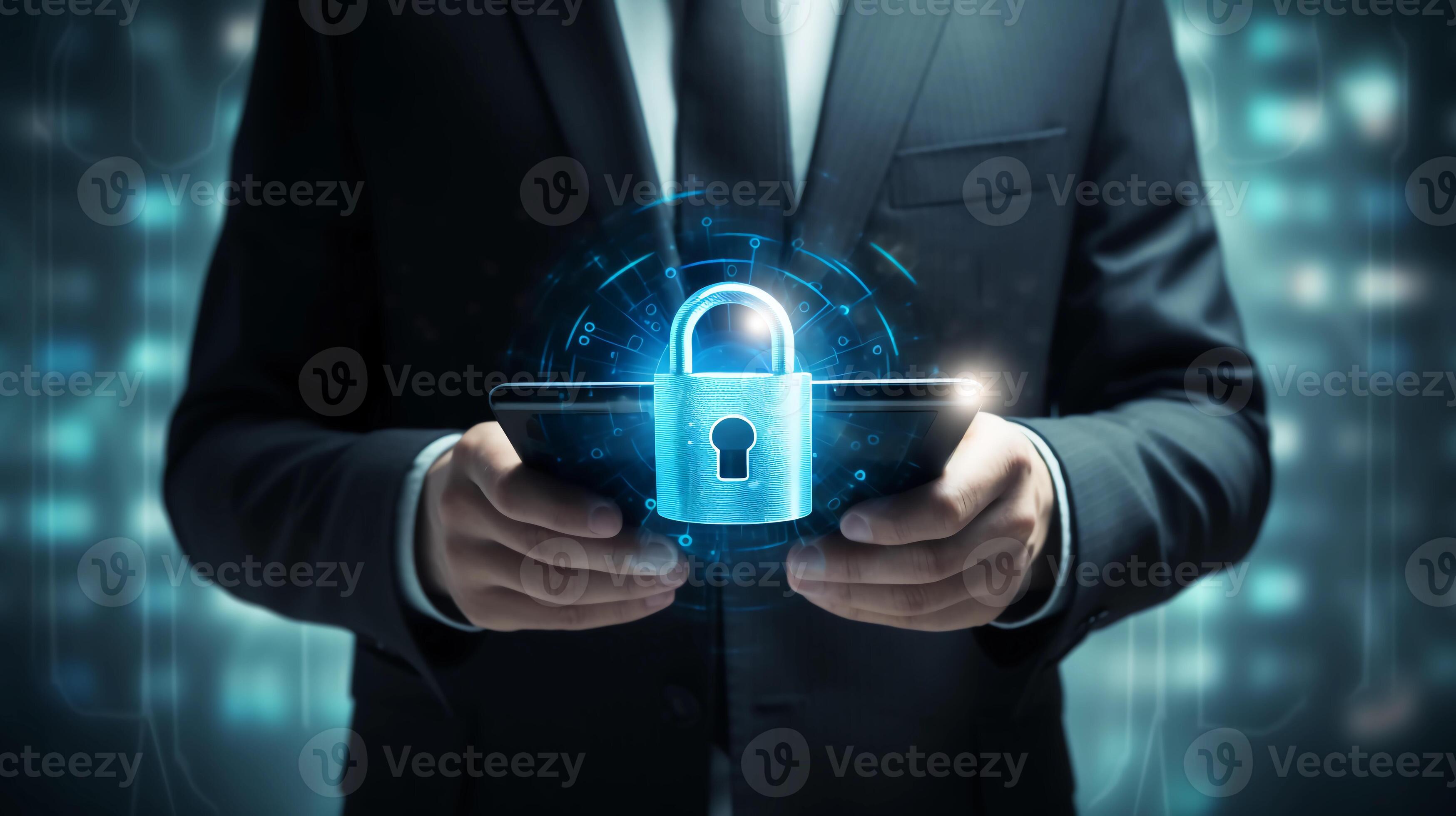 Cybersecurity And Data Protection Businessman Utilizing Secure Tablet Encryption Technology
