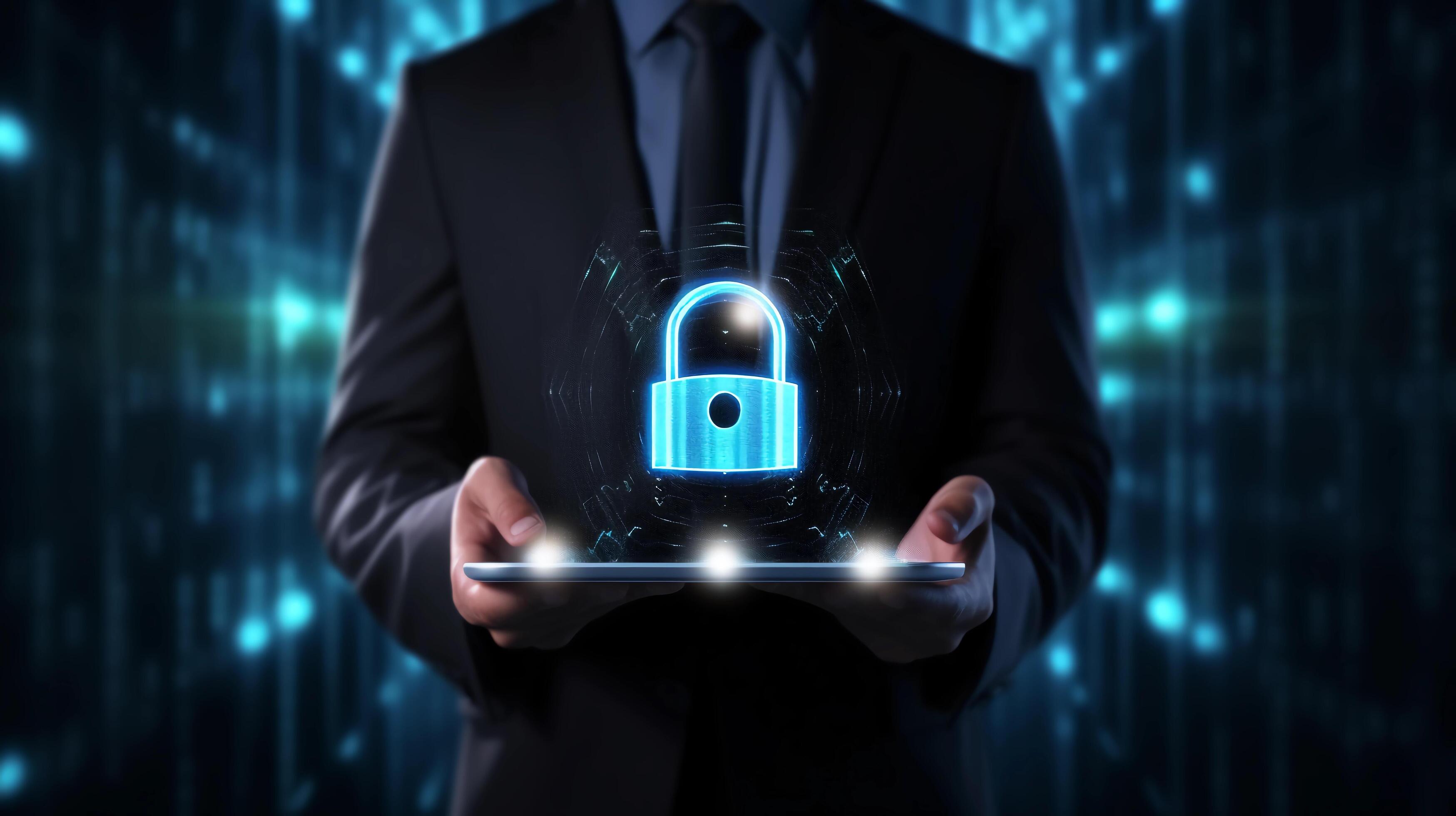 Businessman Enhances Security with Secure Tablet Encryption Technology, Illuminated by Light ...