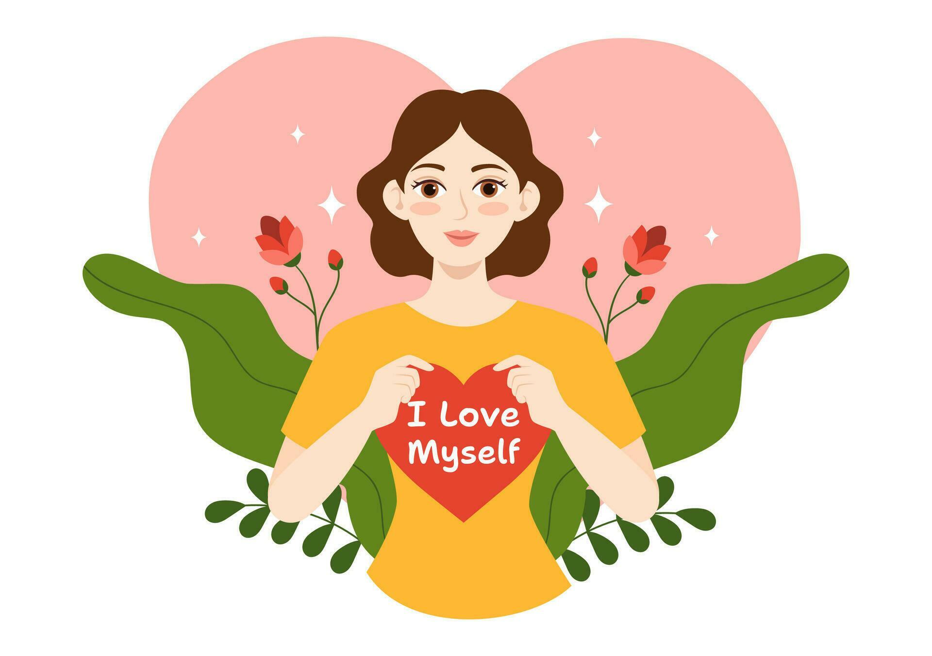 Self Love Vector Illustration with Women Love Yourself, Relaxation, Motivational Phrases and ...