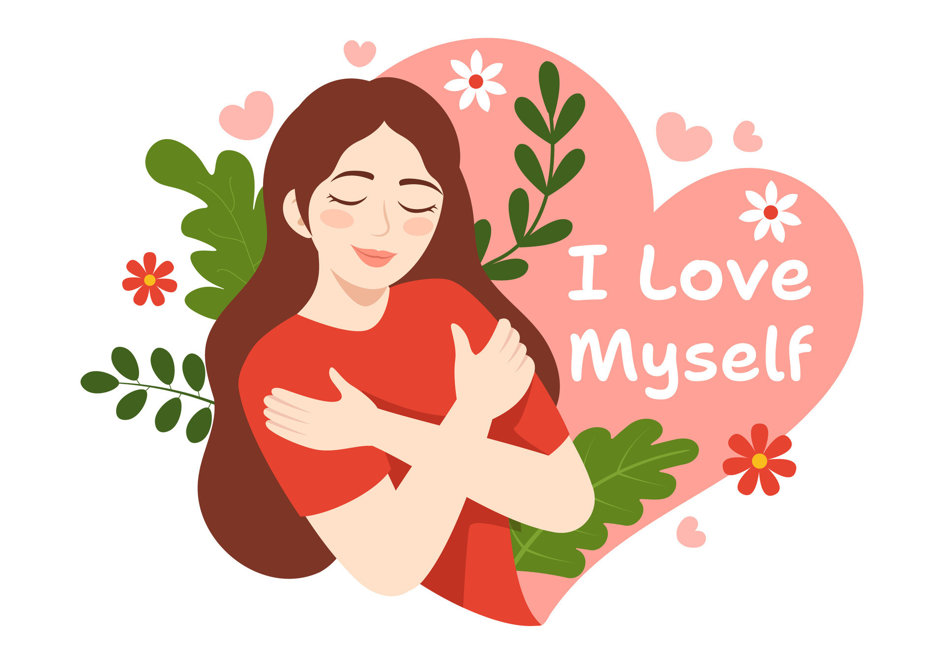 yo amor vector ilustración con mujer amor tú mismo, relajación, motivacional frases y corazones ...