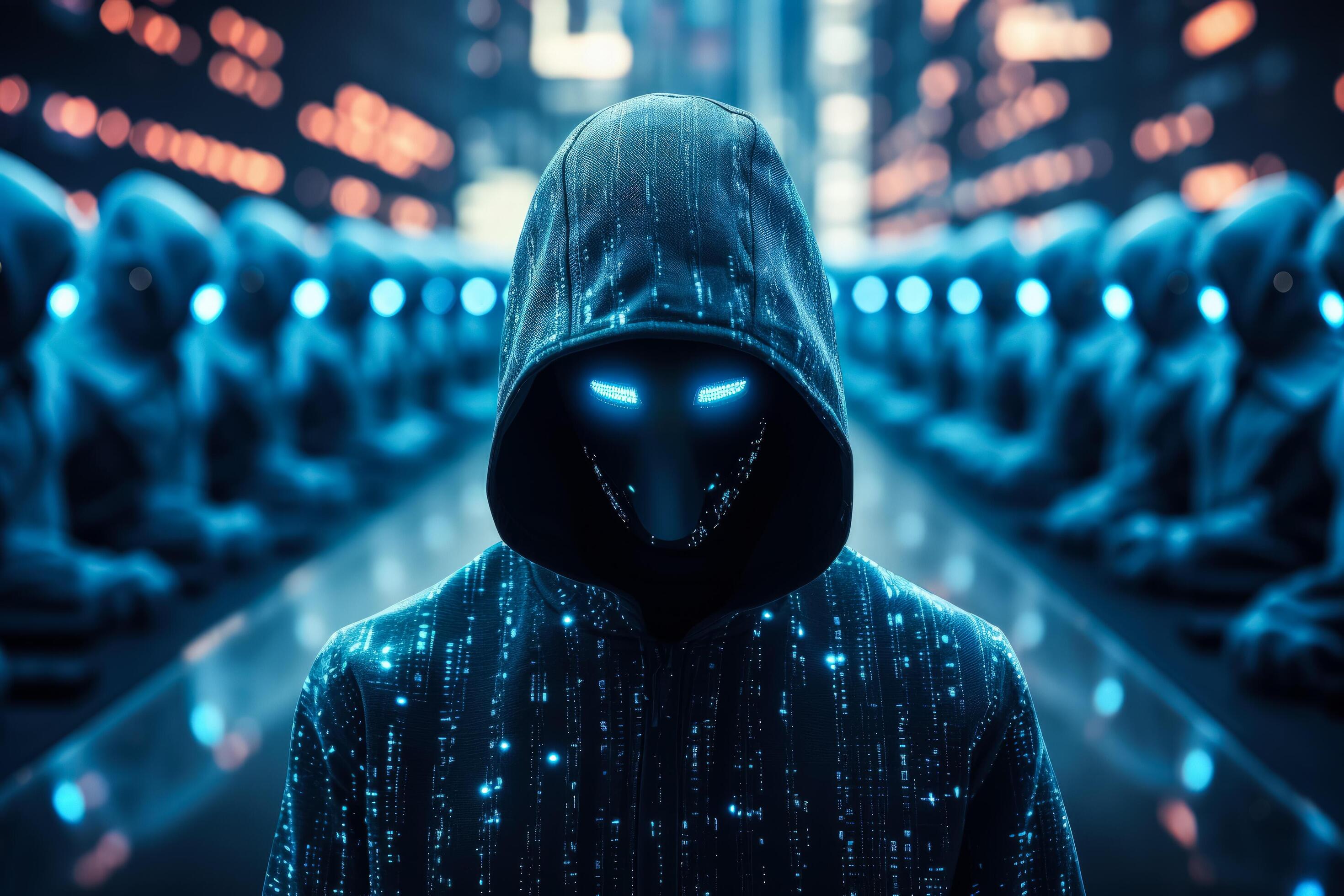 Portrayal of AI robot hacker surrounded by a network of glowing data 27613279 Stock Photo at ...