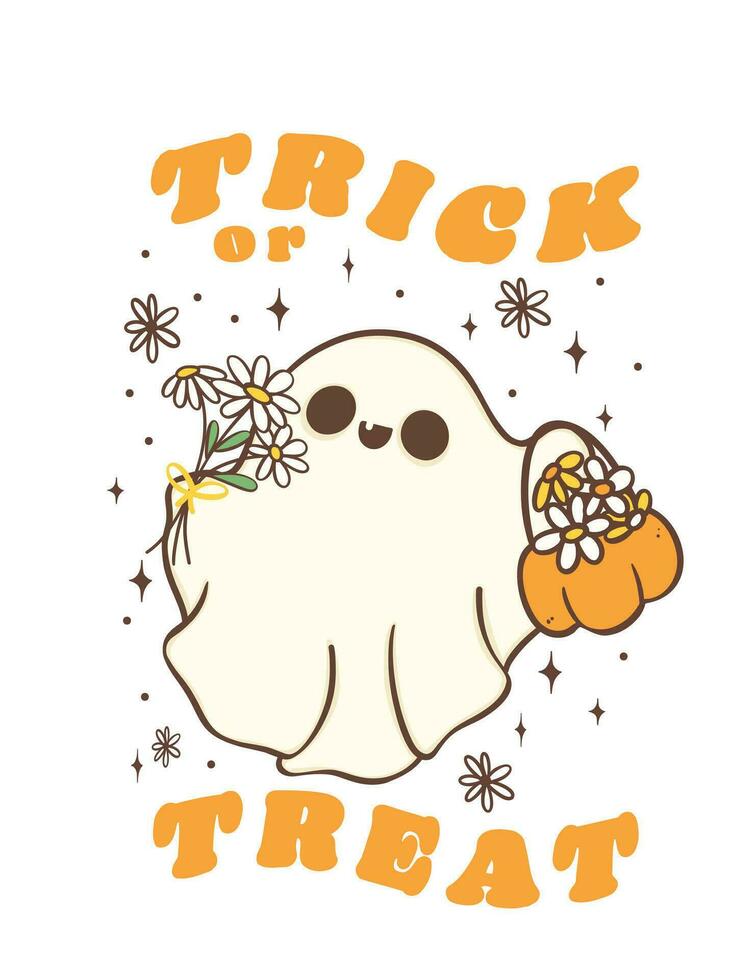 Cute Halloween ghost with daisy flower, kawaii Retro floral spooky ...