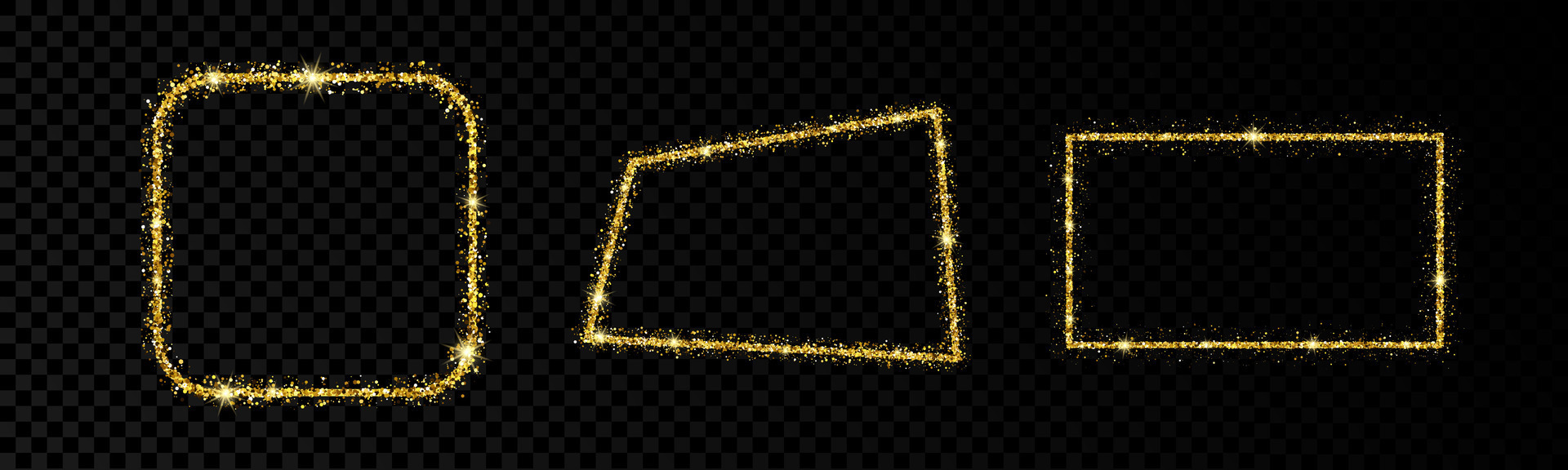 Shiny frames with glowing effects. Set of three glitter gold rectangle, rounded square and ...
