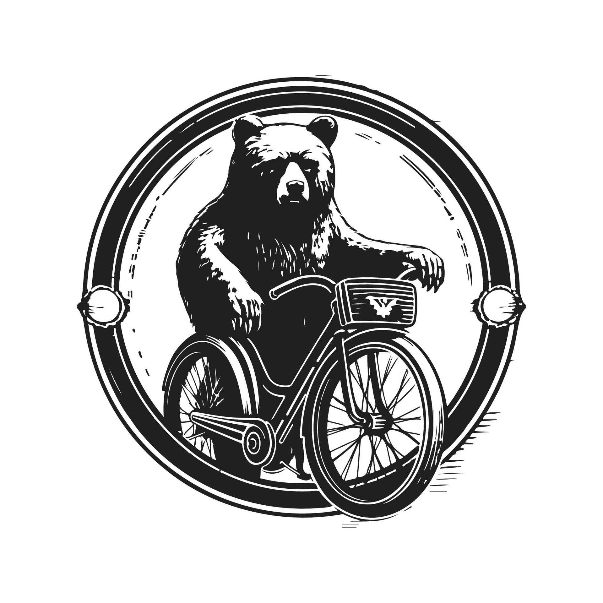 bear on bike, vintage logo line art concept black and white color, hand drawn illustration ...