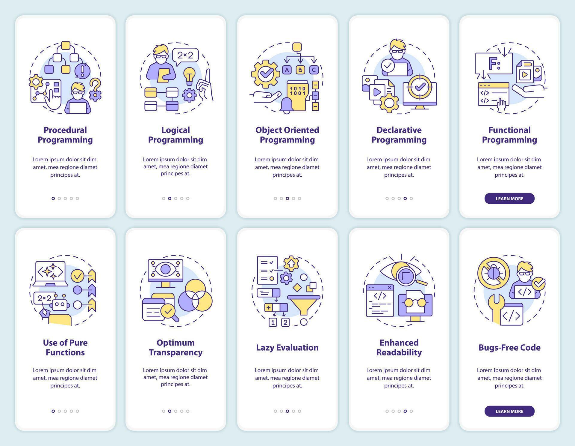 Programming language paradigms onboarding mobile app screen set ...