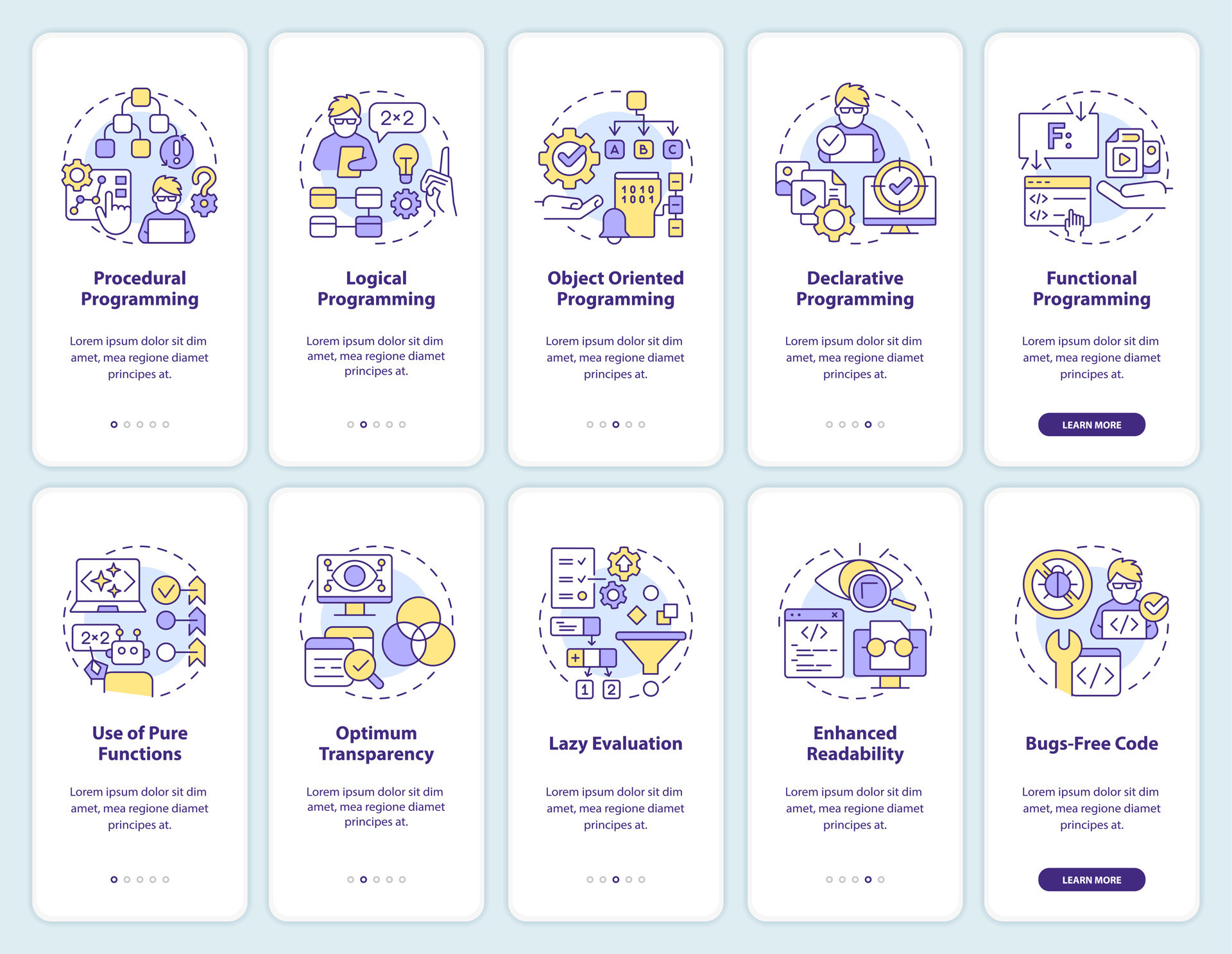 Programming Language Paradigms Onboarding Mobile App Screen Set Walkthrough 5 Steps Editable