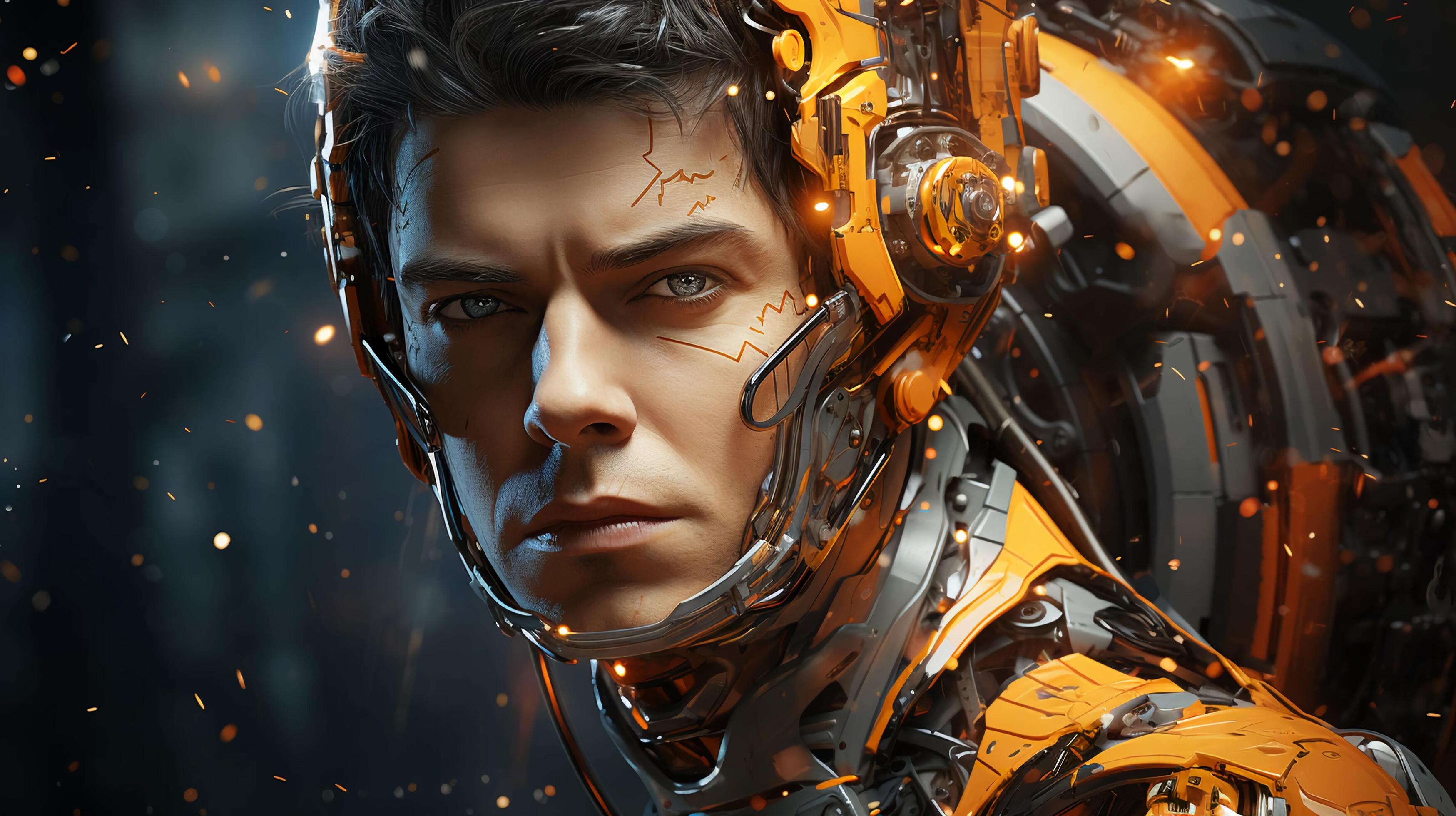 The face of a cyborg robot male, a mixture of human and computer artificial intelligence. AI ...