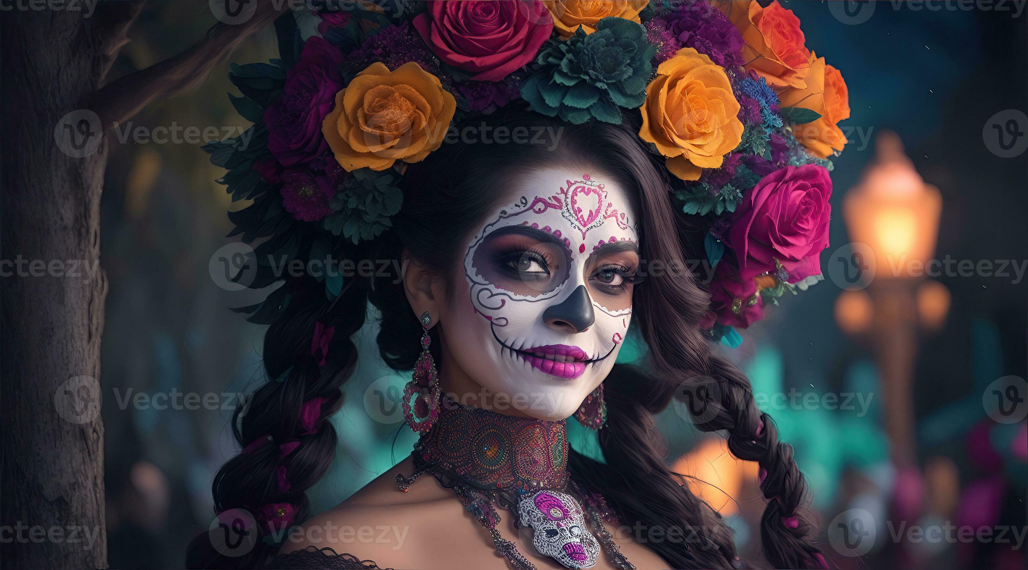 beautiful woman with painted skull on her face for Mexico's Day of the Dead 27664010 Stock Photo ...