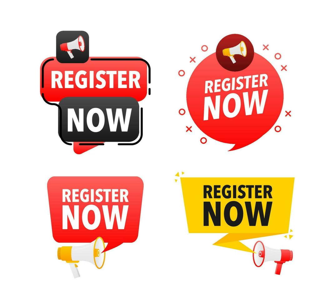 Megaphone label set with text Register now. Register now announcement ... Megaphone label set with text Register now. Register now announcement ...