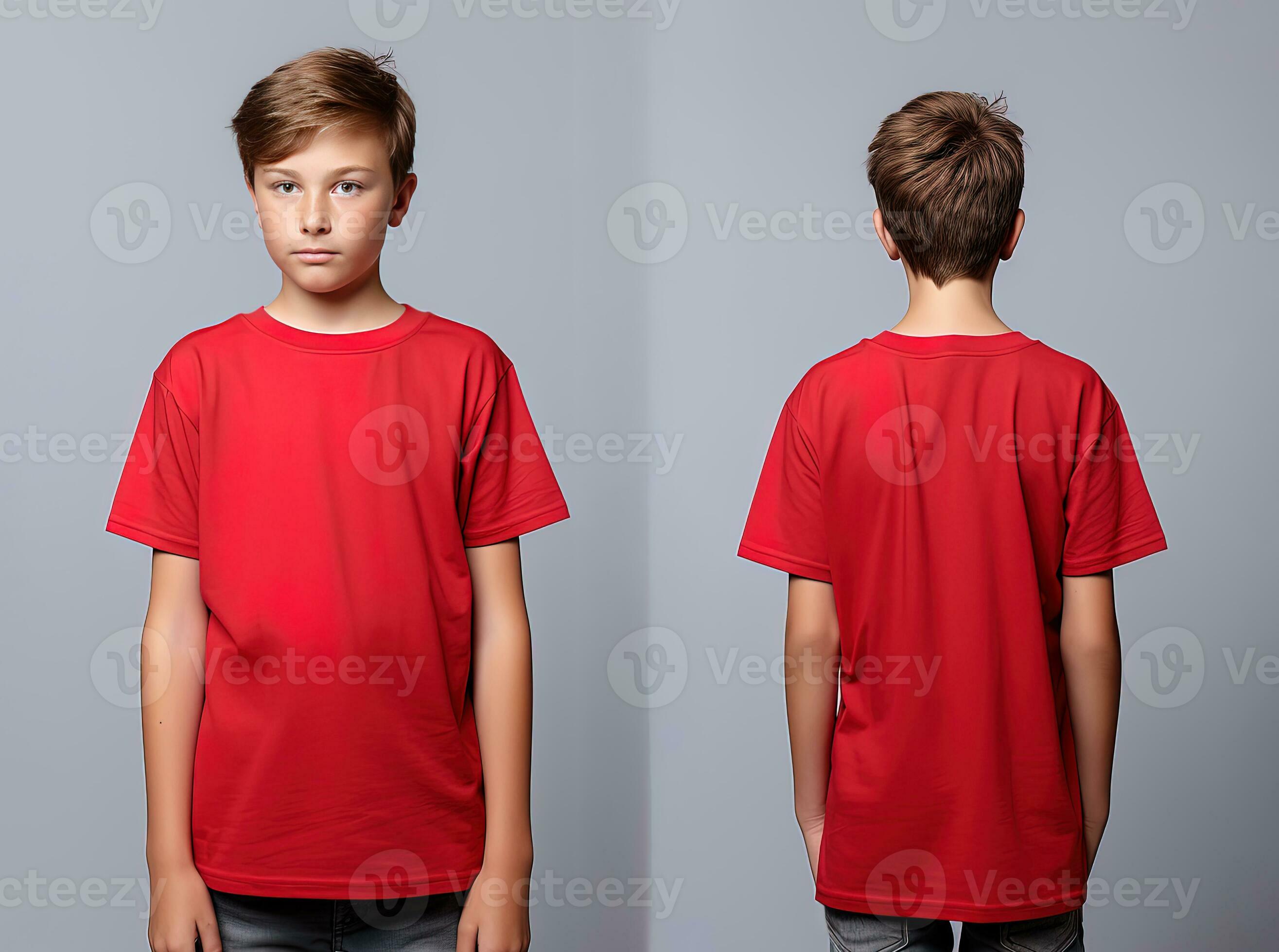 Front and back views of a little boy wearing a red T-shirt. ai generated 27677305 Stock Photo at ...
