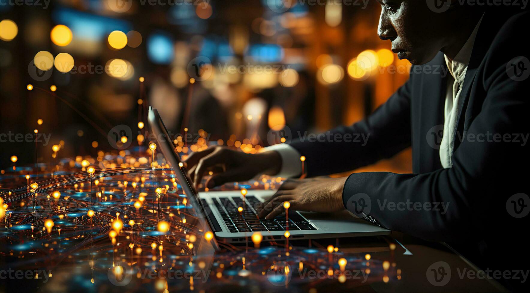An employee typing on a laptop. Background of digital networks. Created ...