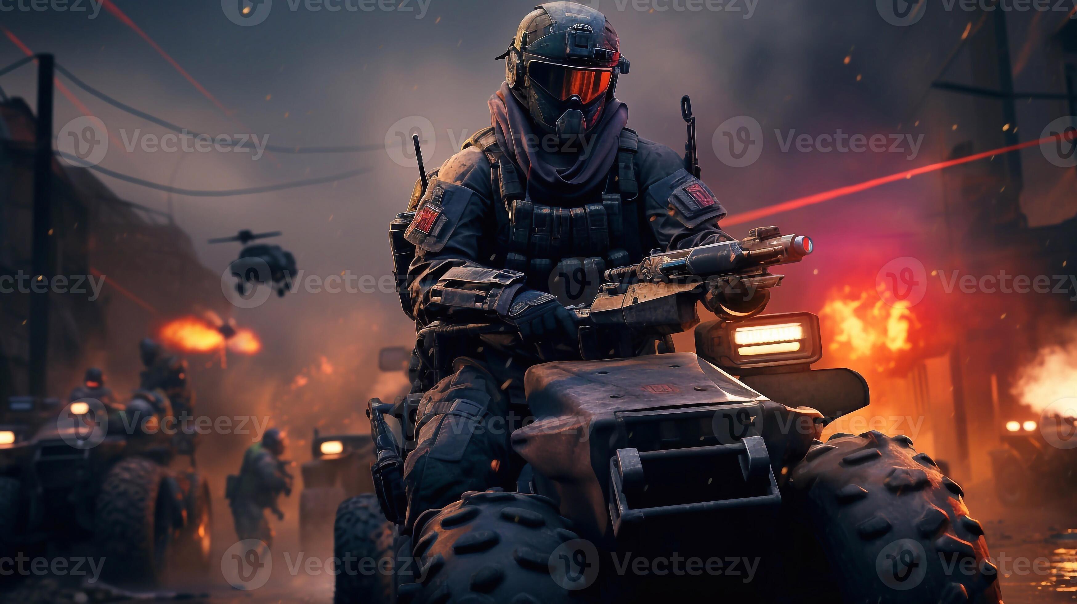 Shooting Game Ambiance with Player Riding ATV Thrills Await Generative ... Shooting Game Ambiance with Player Riding ATV Thrills Await Generative ...
