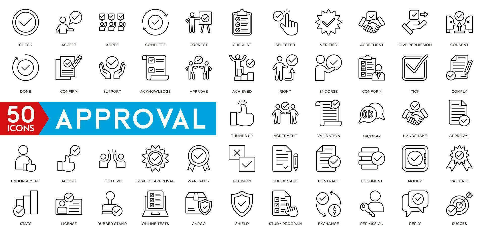 Approval icon set. Containing accept, certified, thumps up, agreement, approve, validation, seal ...