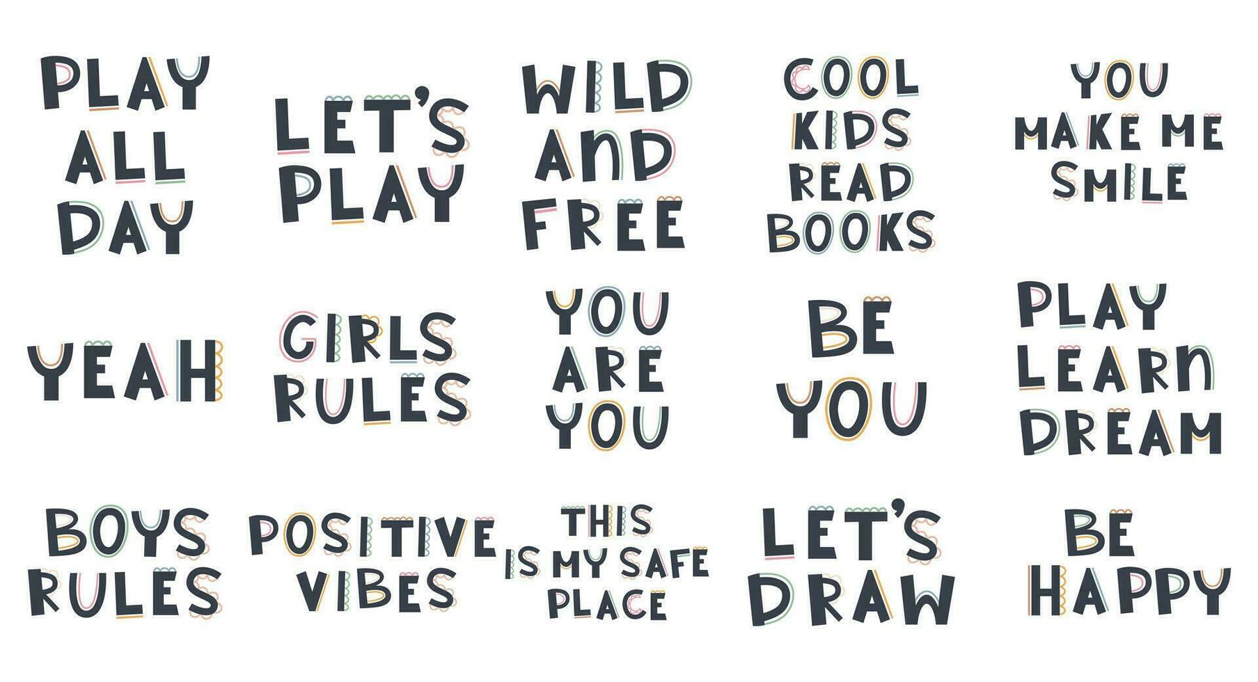 Cute hand drawn phrases with rainbow, sun, stars, cloud in boho style. Cartoon doodle print for ...