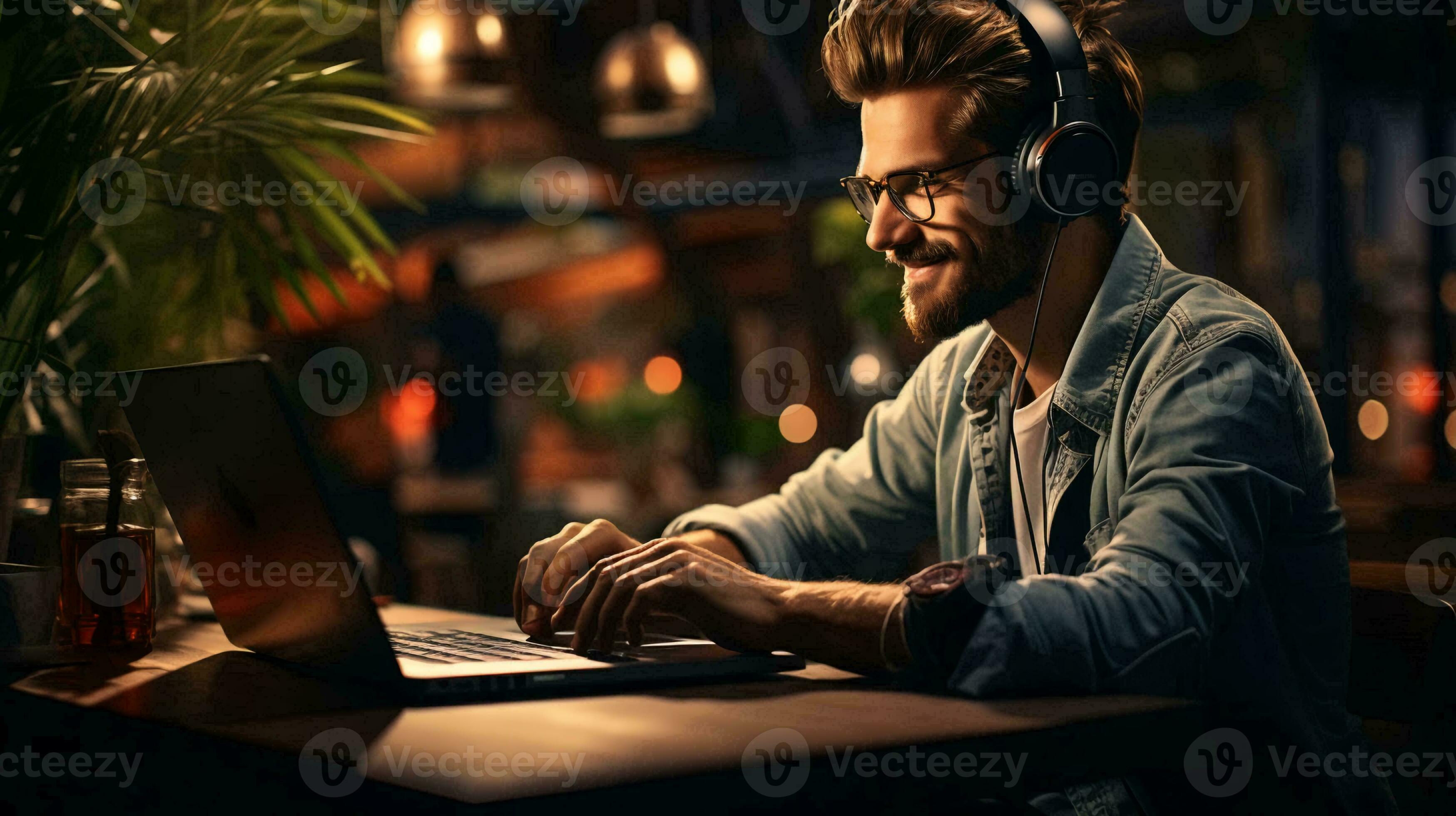 A man sits at a table and works on a laptop computer. AI generated ...