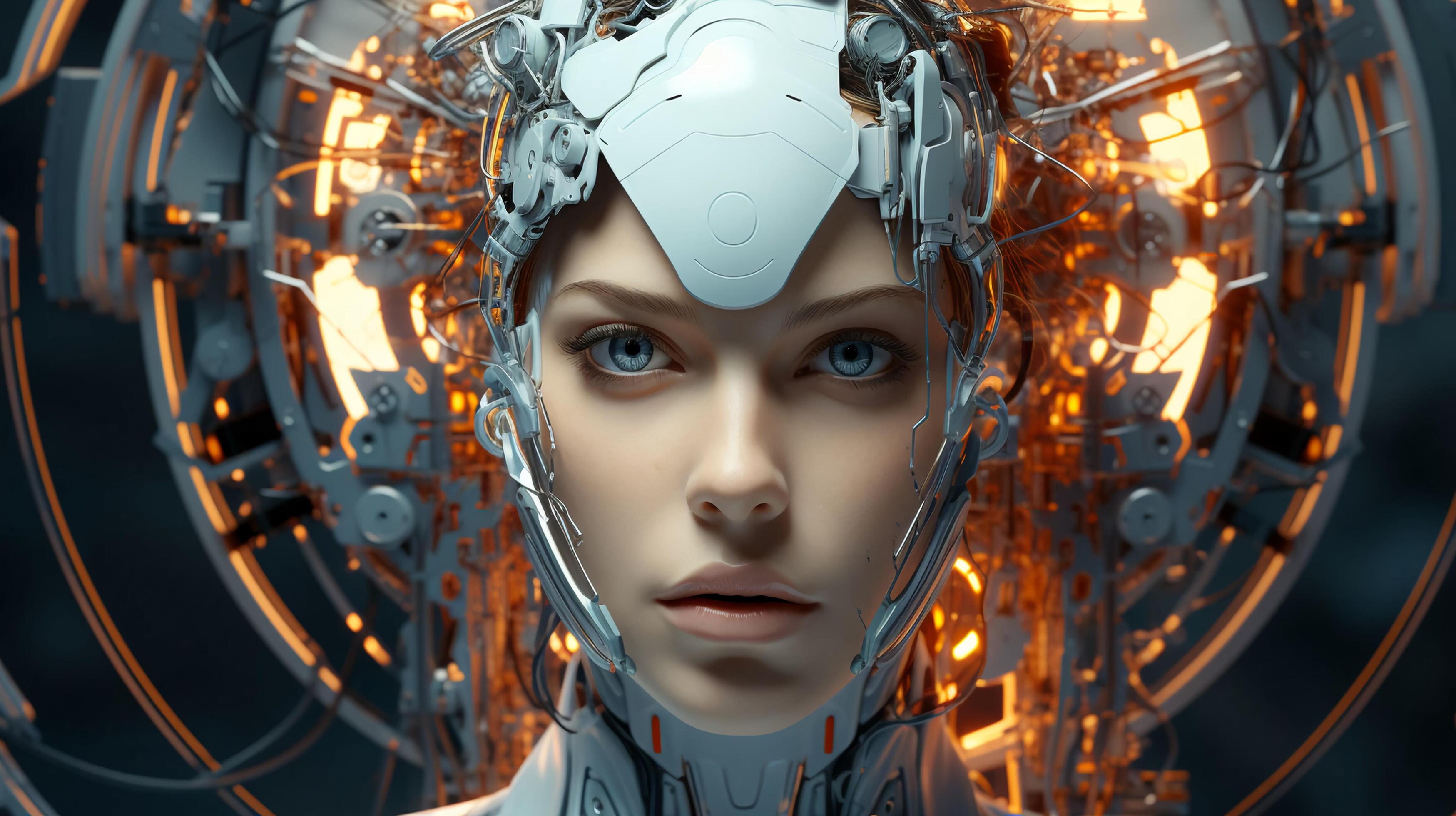 Connection of human woman and artificial intelligence robot. The concept of merging a person and ...