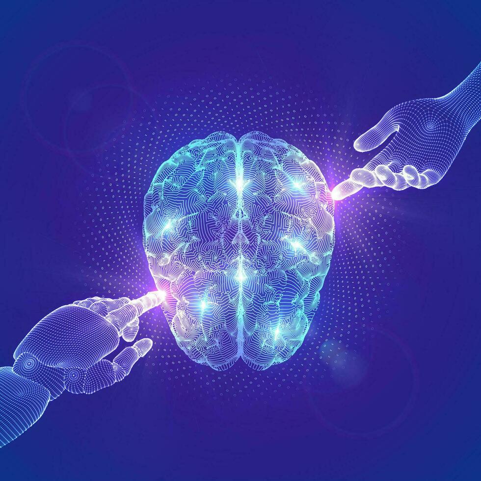 Brain. AI. Artificial Intelligence. Neural network. Hands of Robot and ...