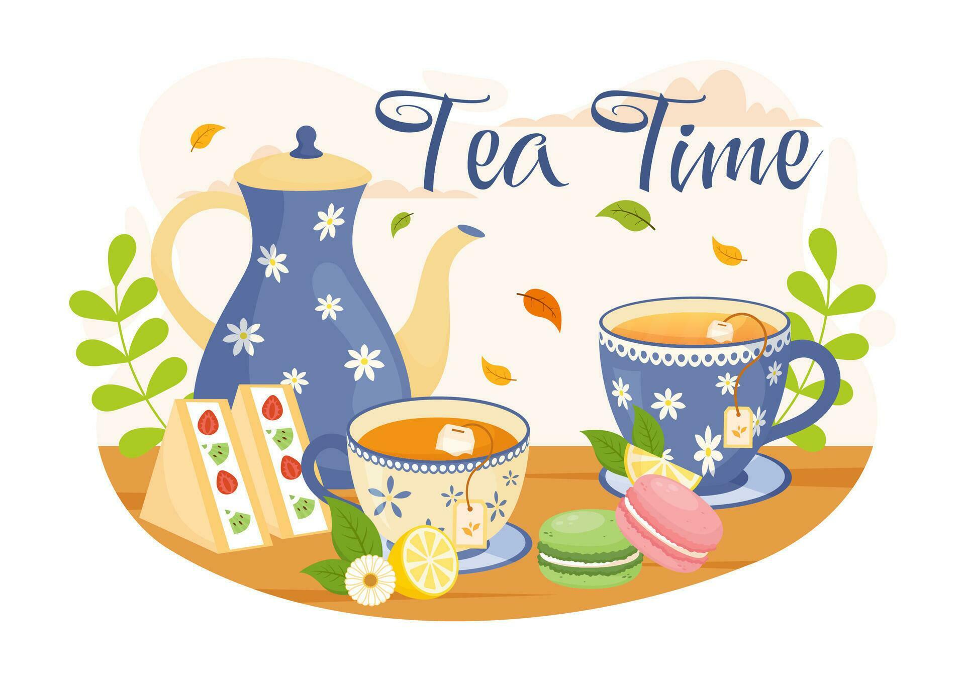 Tea Time Vector Illustration with Mug of Hot Drink, Sweet Desserts and Cookies Usually Done ...