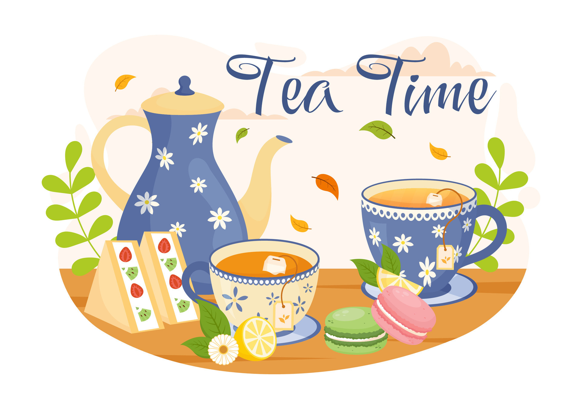 Tea Time Vector Illustration with Mug of Hot Drink, Sweet Desserts and Cookies Usually Done ...