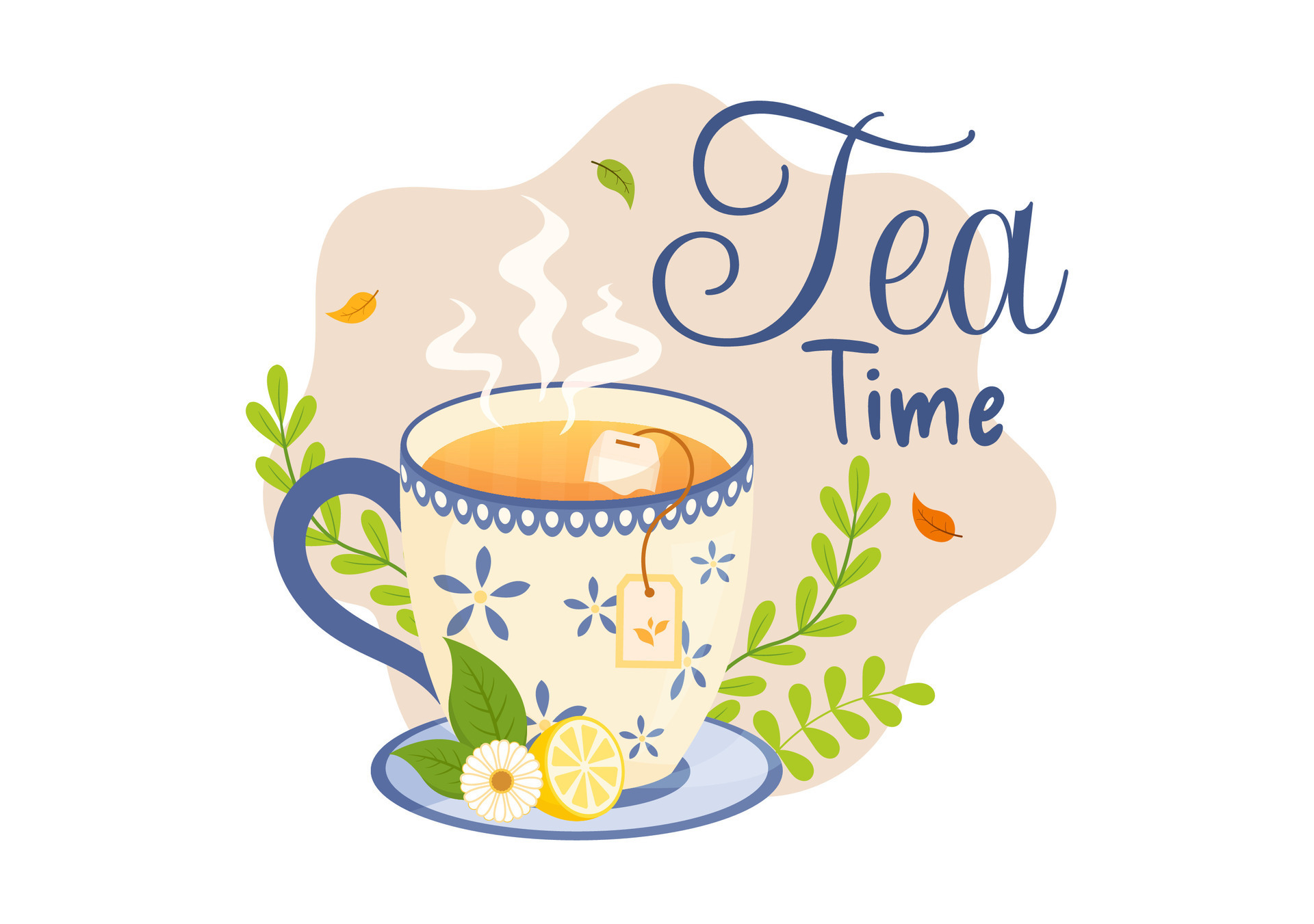 Tea Time Vector Illustration with Mug of Hot Drink, Sweet Desserts and Cookies Usually Done ...